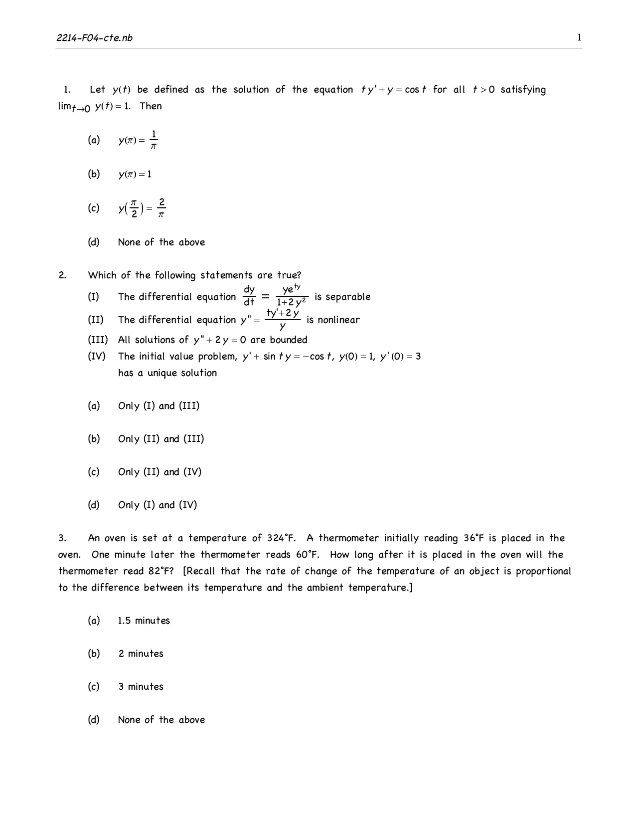 Equation Introduction Differential Equations Exam Docsity