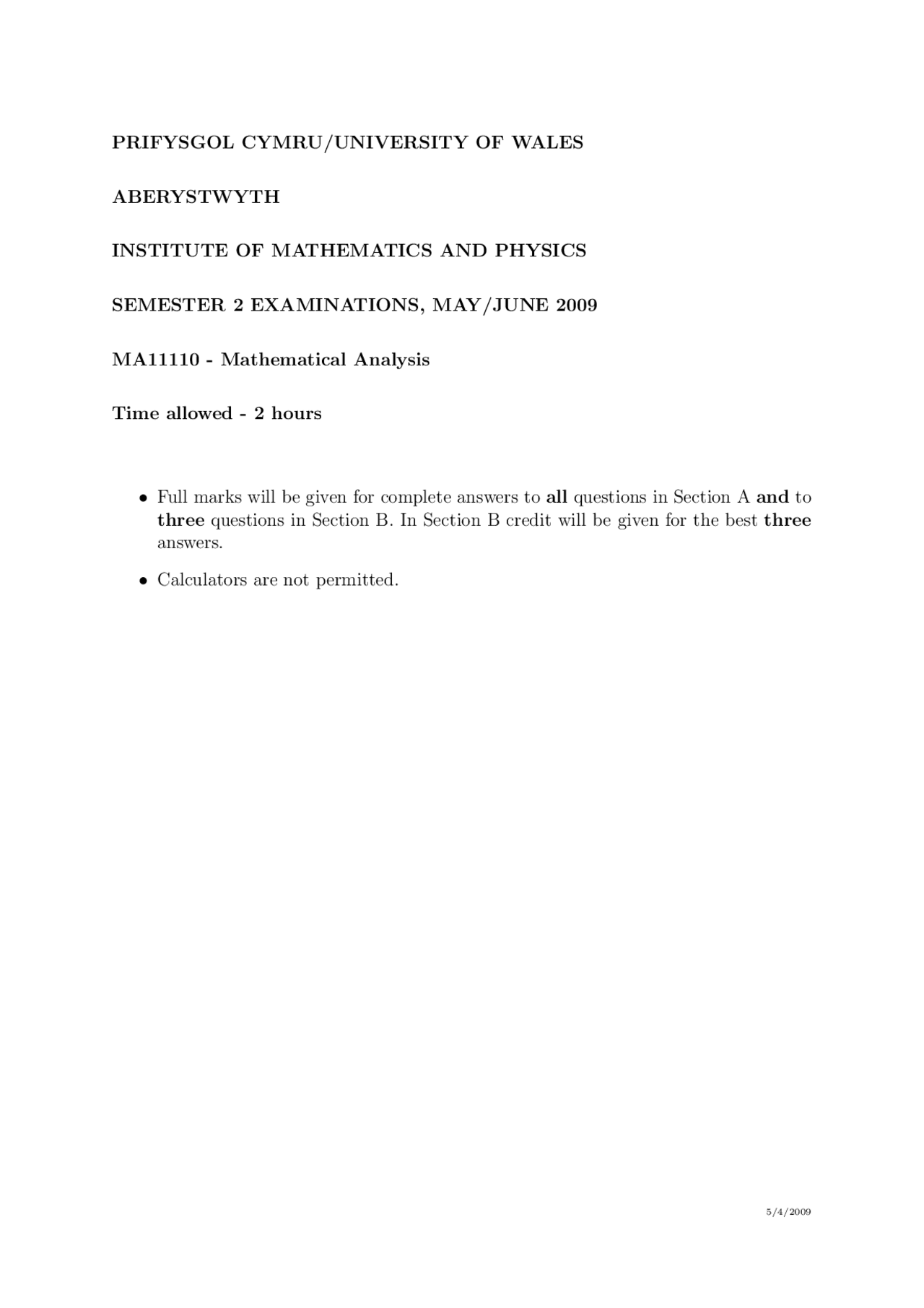 Values Mathematical Analysis Exam Docsity