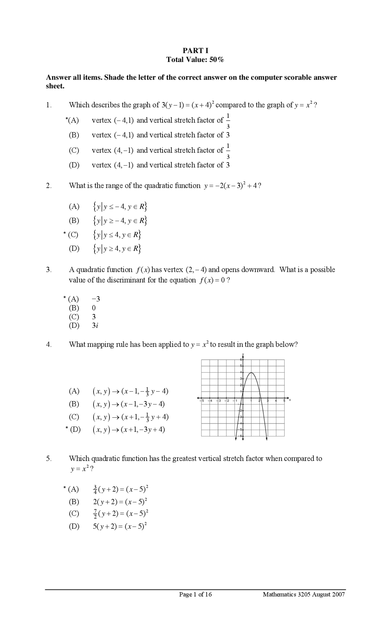 Graph Mathematics Public Examination Standards Exam Key Docsity