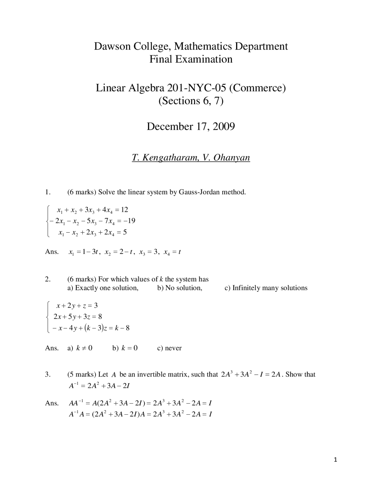 Values Linear Algebra Exam Docsity