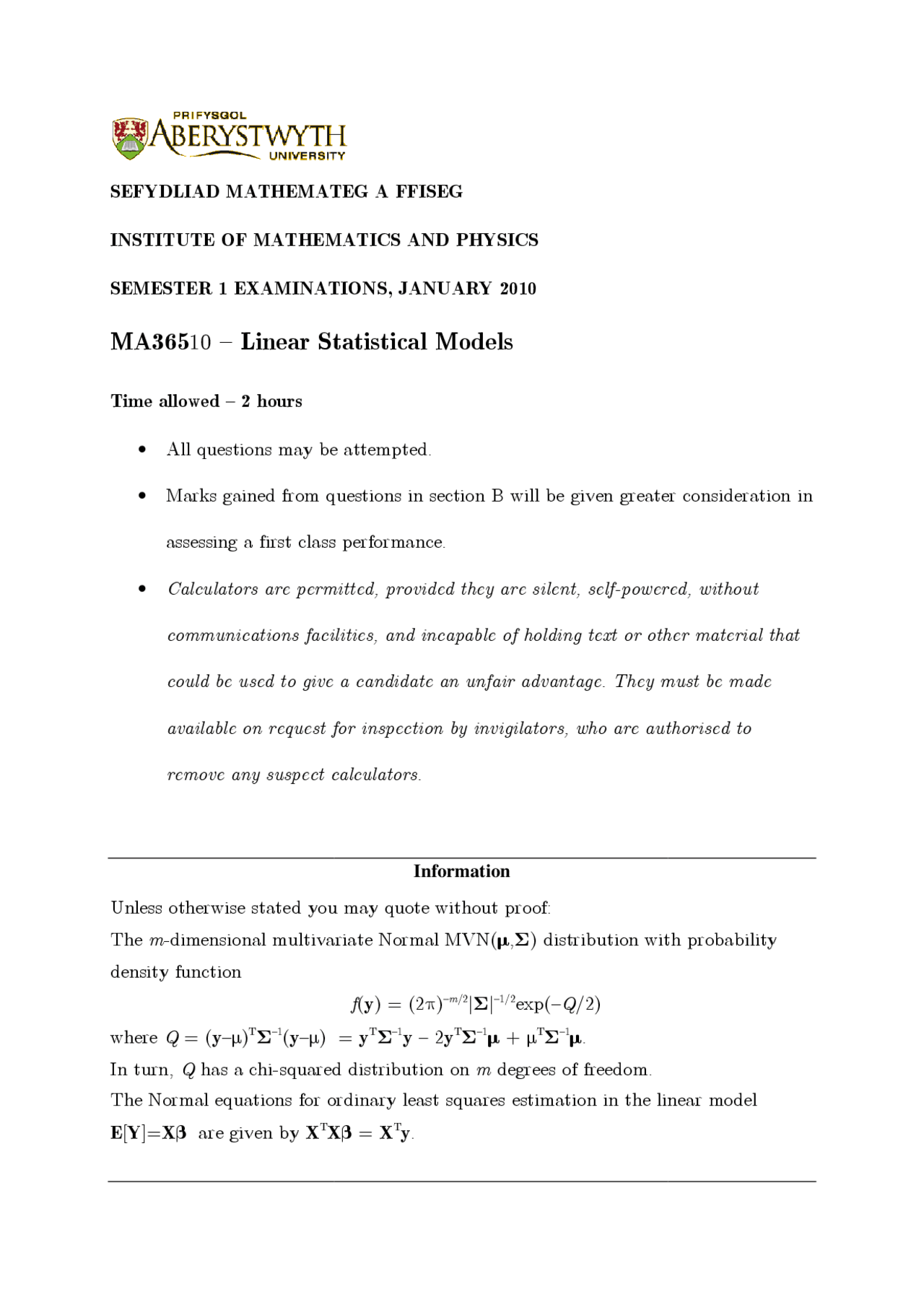 Random Vector Statistical Methods Exam Docsity