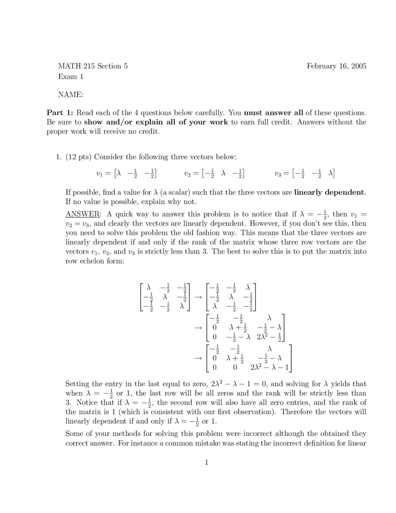 Earn Full Credit - Introduction to Linear Algebra- Solved Exam - Docsity