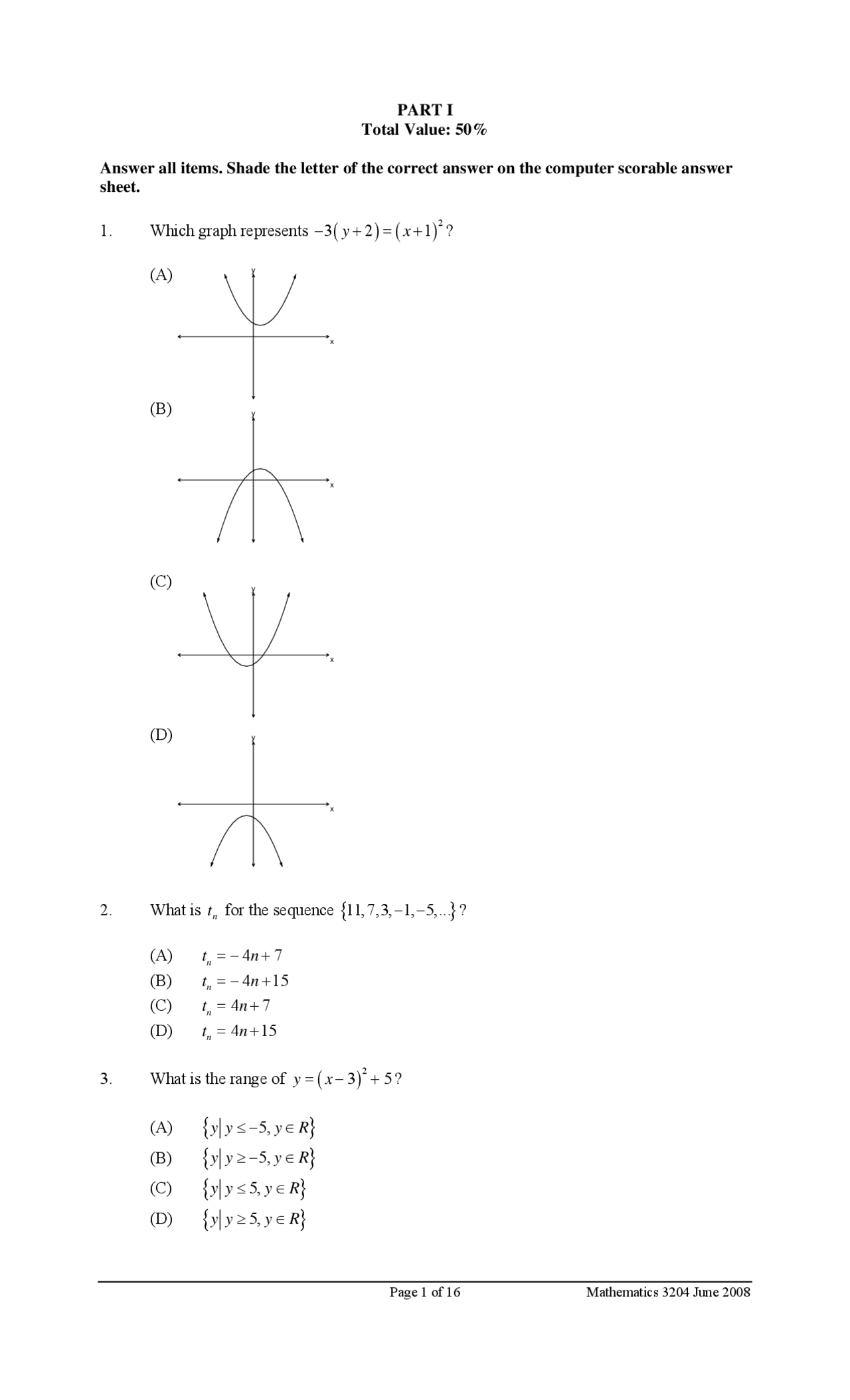 Graph Mathematics Public Examination Standards Exam Docsity