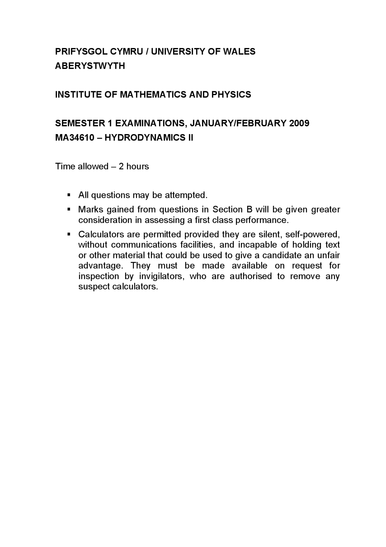 Function Hydrodynamics Exam Docsity
