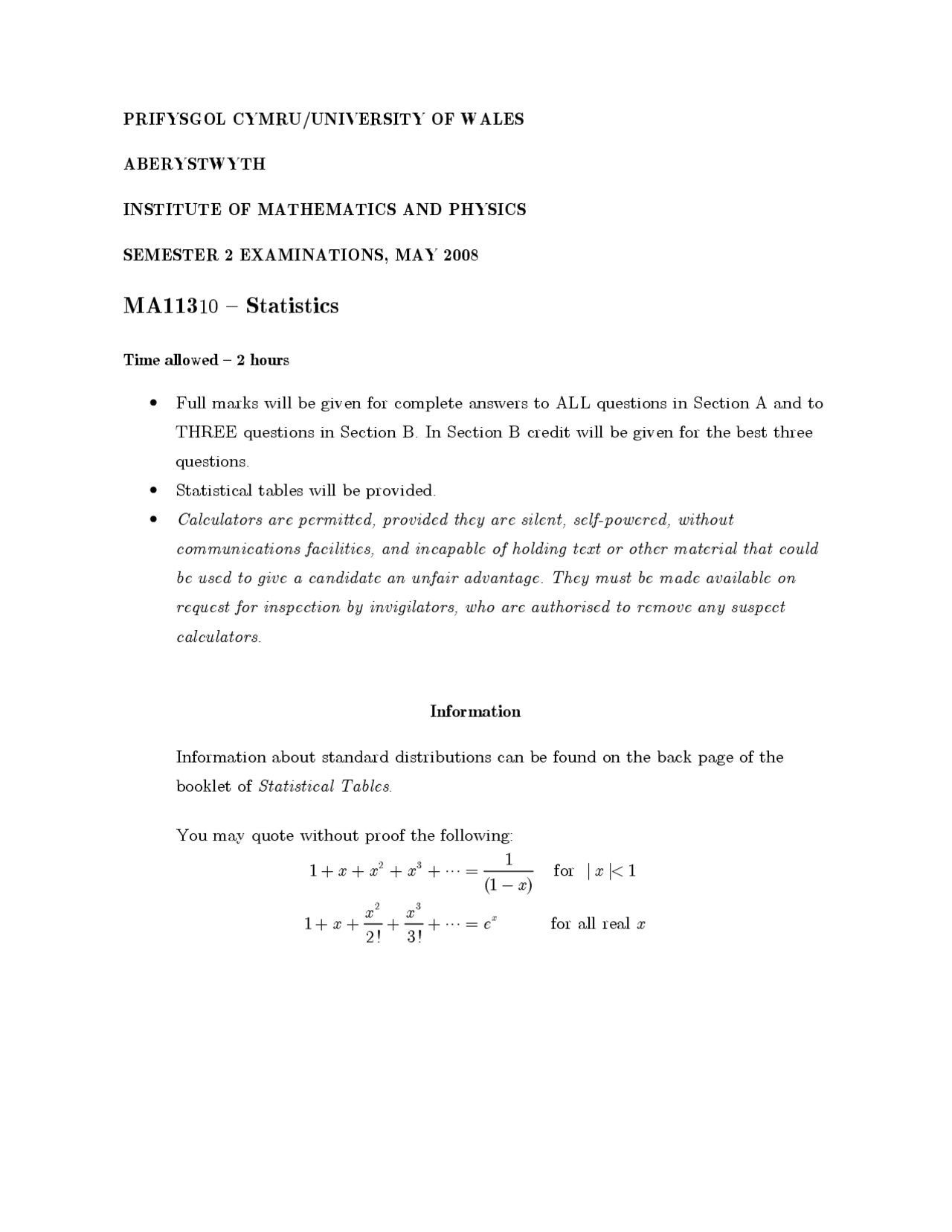 Statistical Tables - Statistics - Exam - Docsity