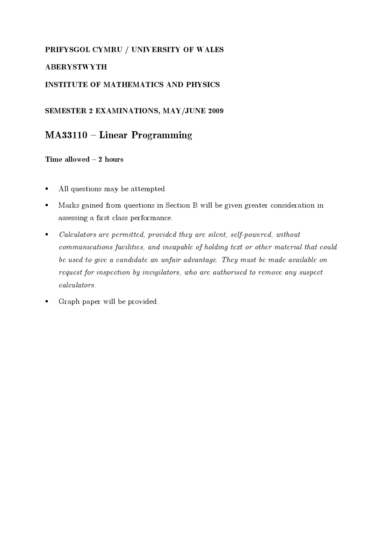 Region Linear Programming Exam Docsity