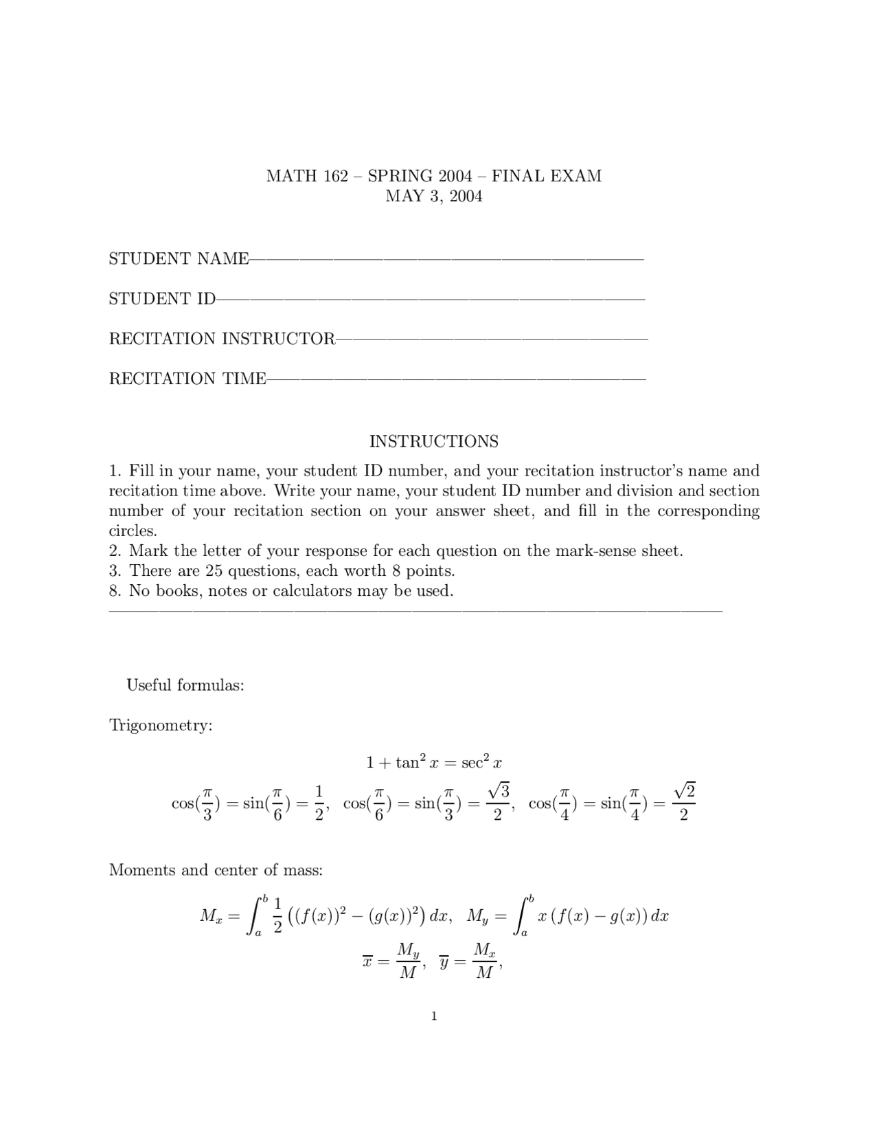 Useful Formulas Plane Analytic Geometry And Calculus Exam Docsity