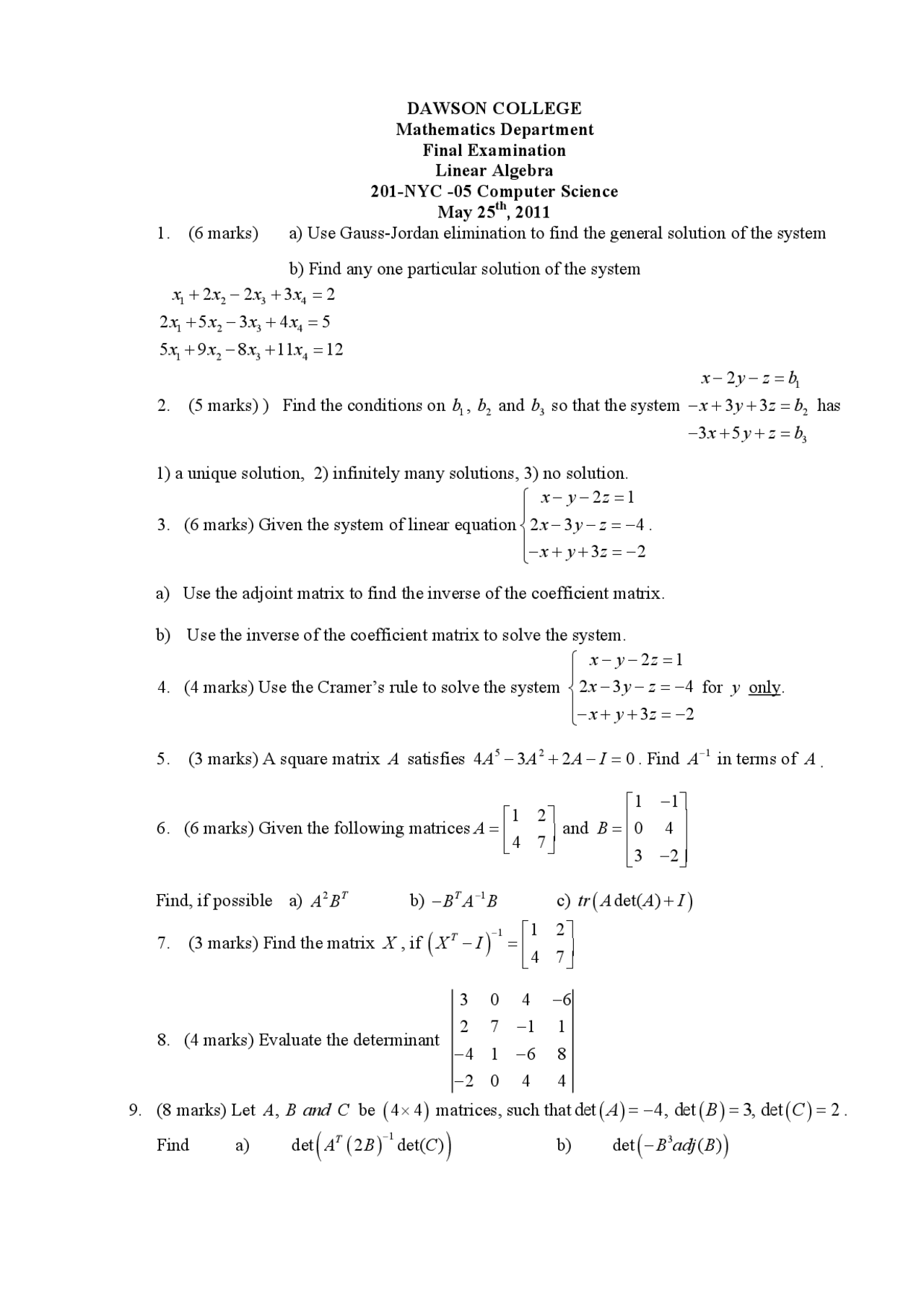 Infinitely Many Solutions - Linear Algebra - Exam - Docsity