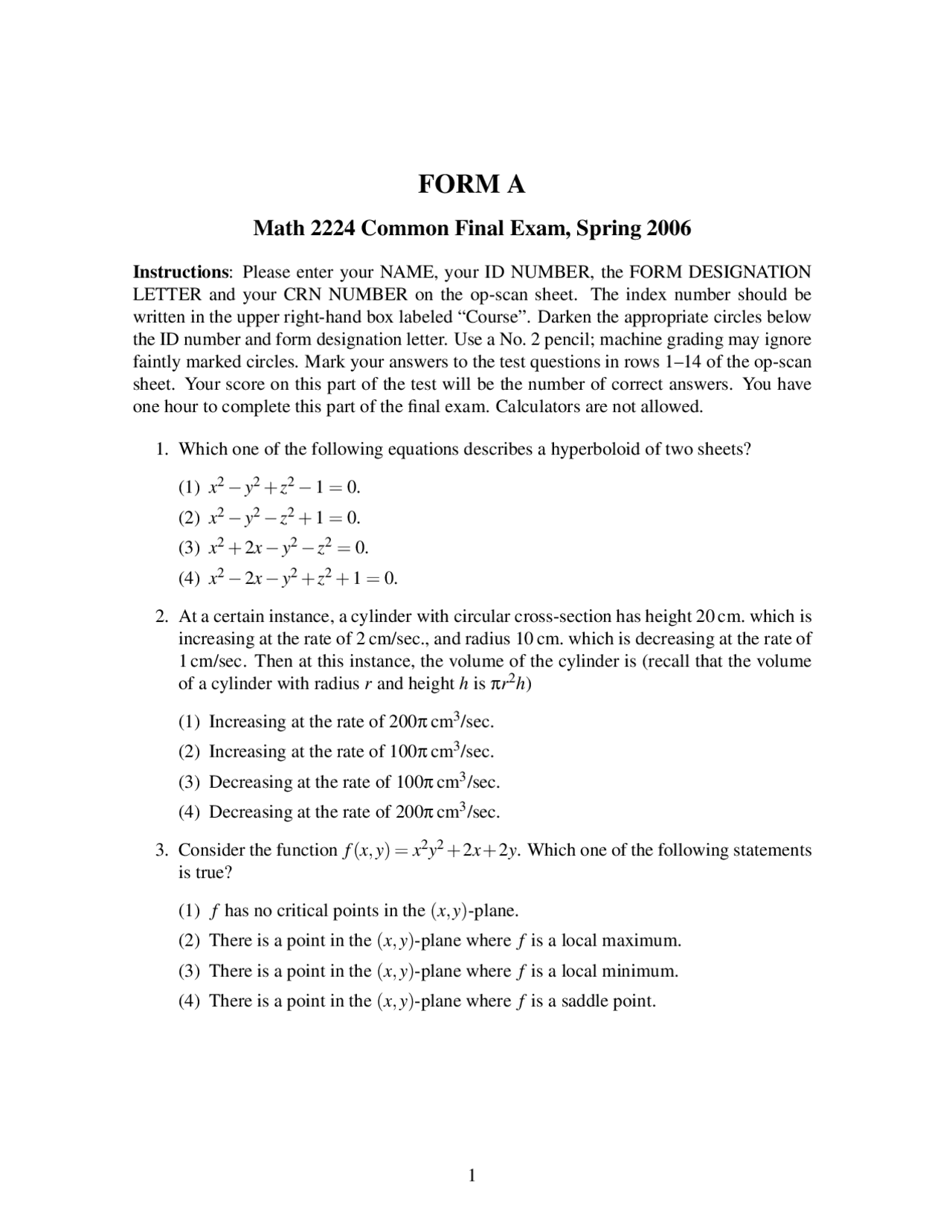 Equations Multivariable Calculus Exam Docsity