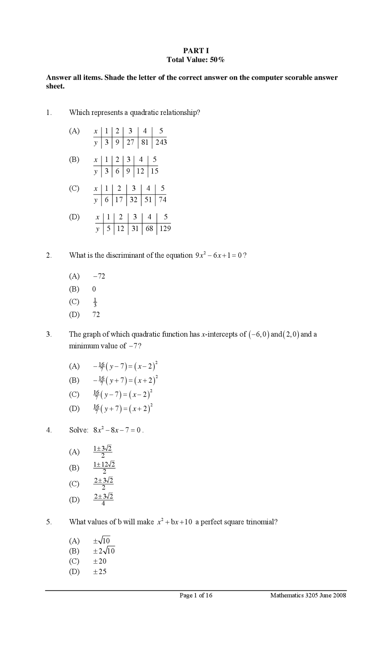Minimum Value Mathematics Public Examination Standards Exam Docsity