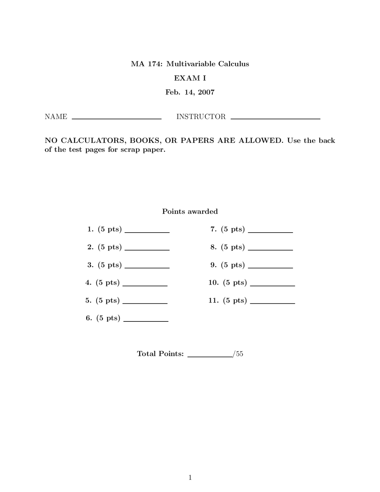 Plane Multivariable Calculus Exam Docsity