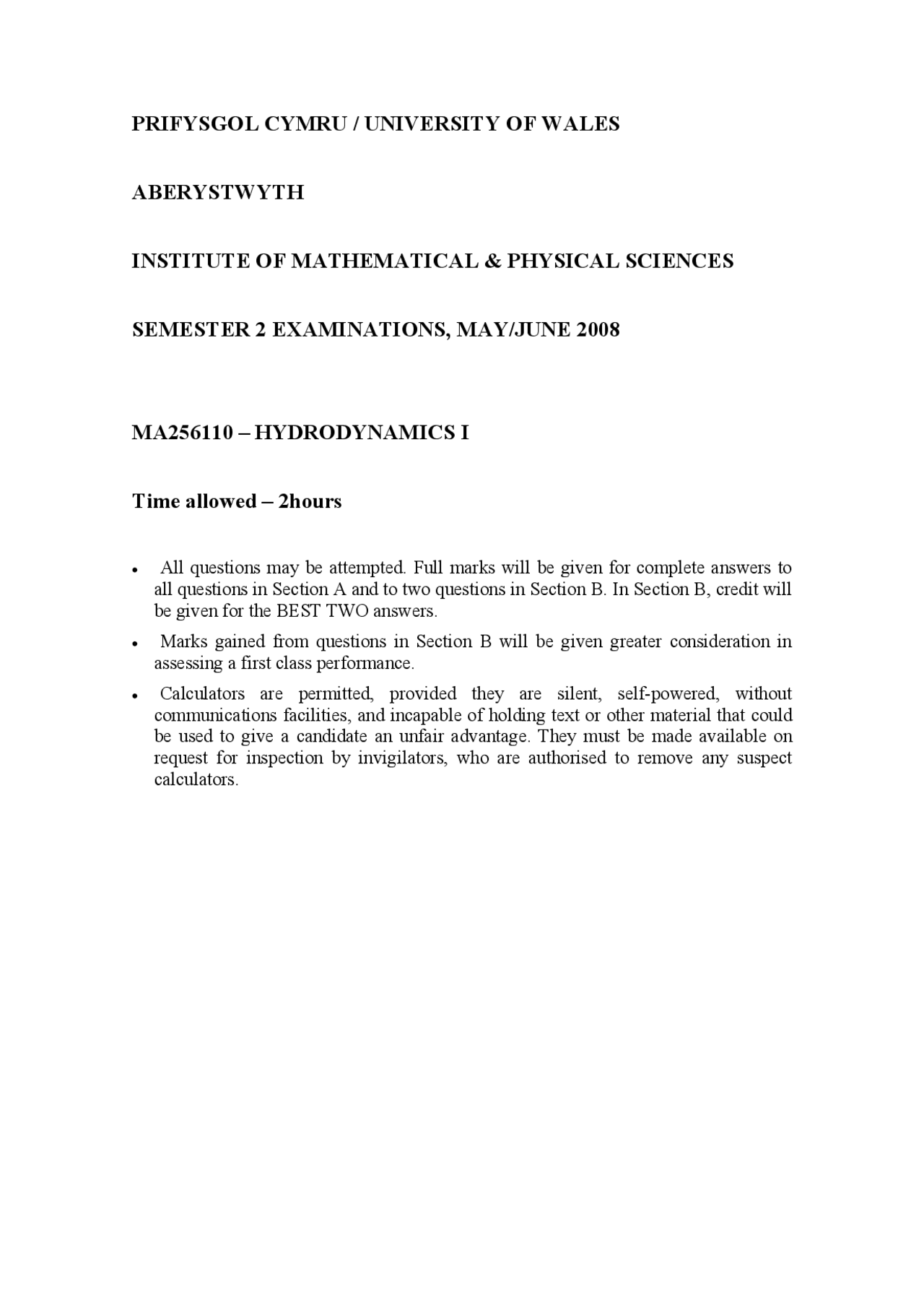 Useful Formulae Hydrodynamics Exam Docsity