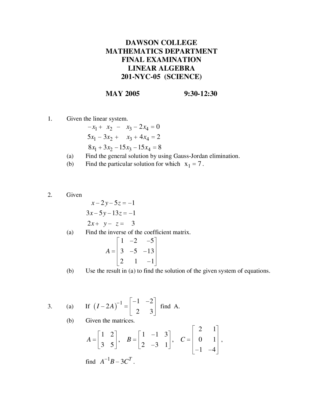 General Solution Linear Algebra Exam Docsity