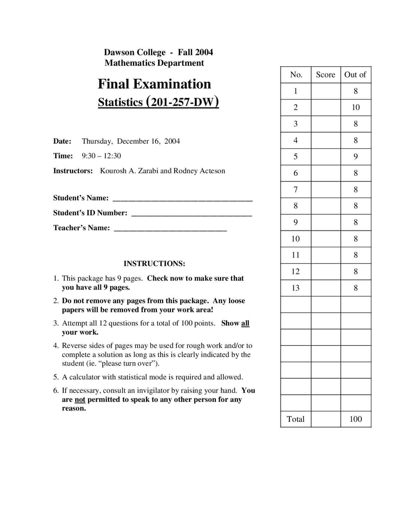 Random Variable Statistics Solved Exam Docsity