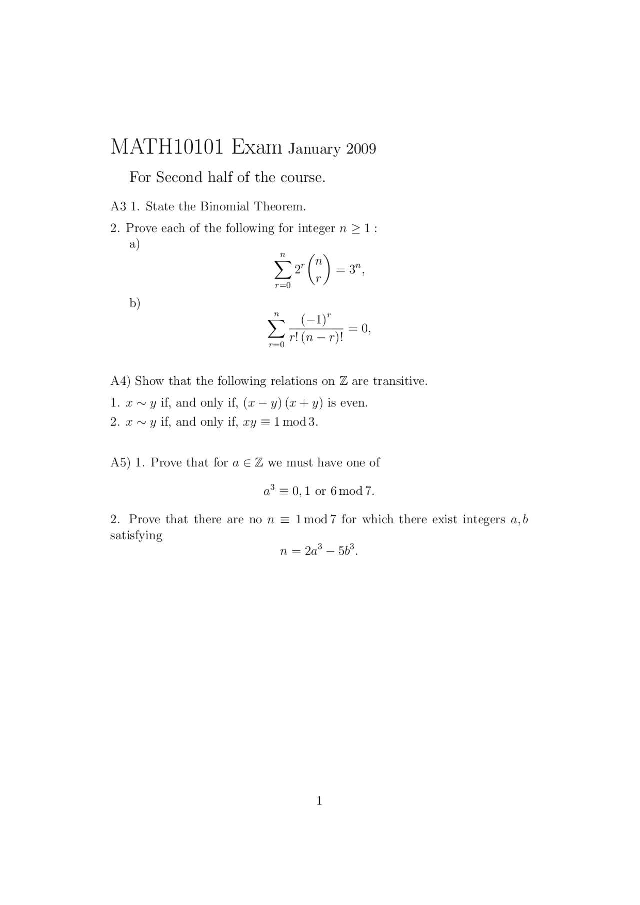 Binomial Theorem - Sets Numbers and Functions - Exam - Docsity