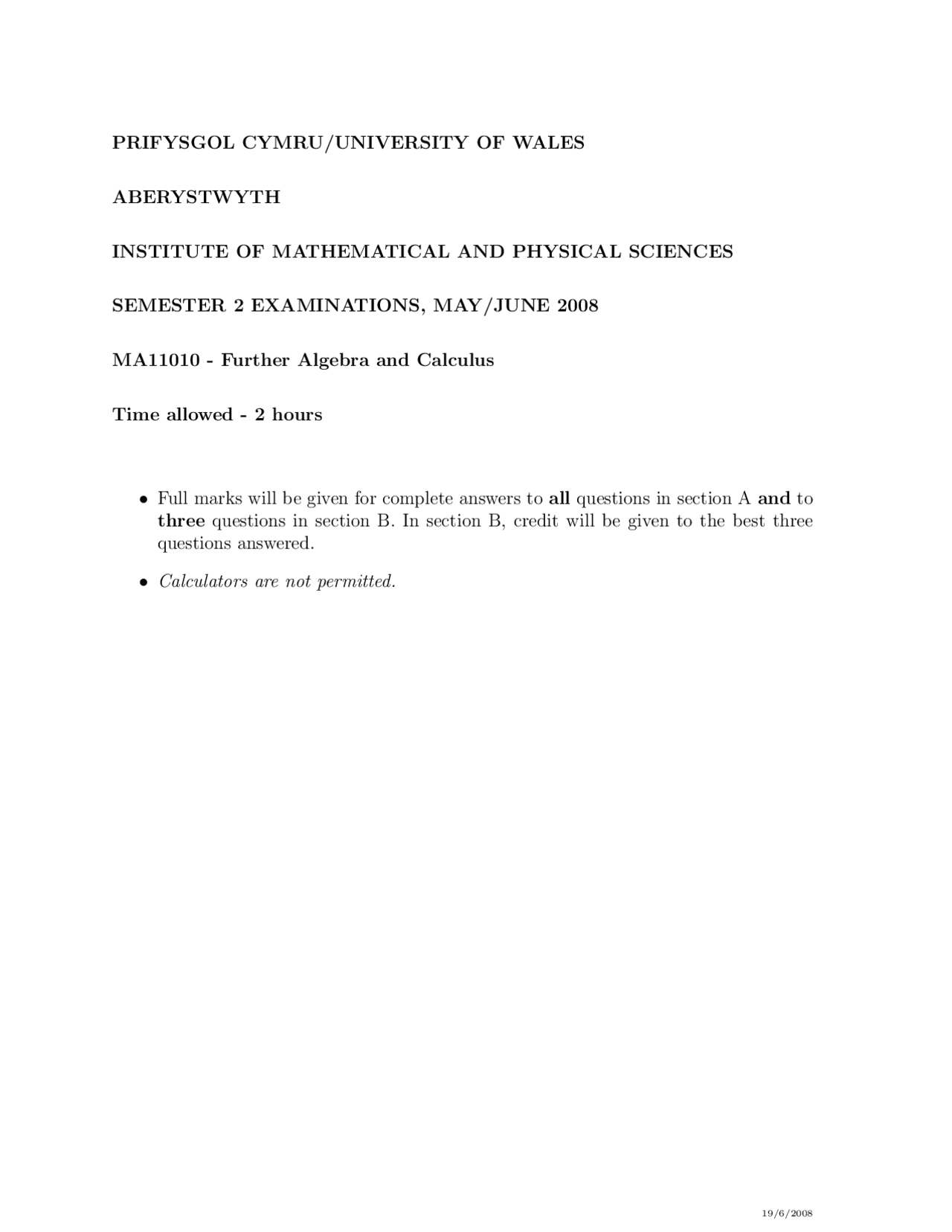 Solutions Further Algebra And Calculus Exam Docsity