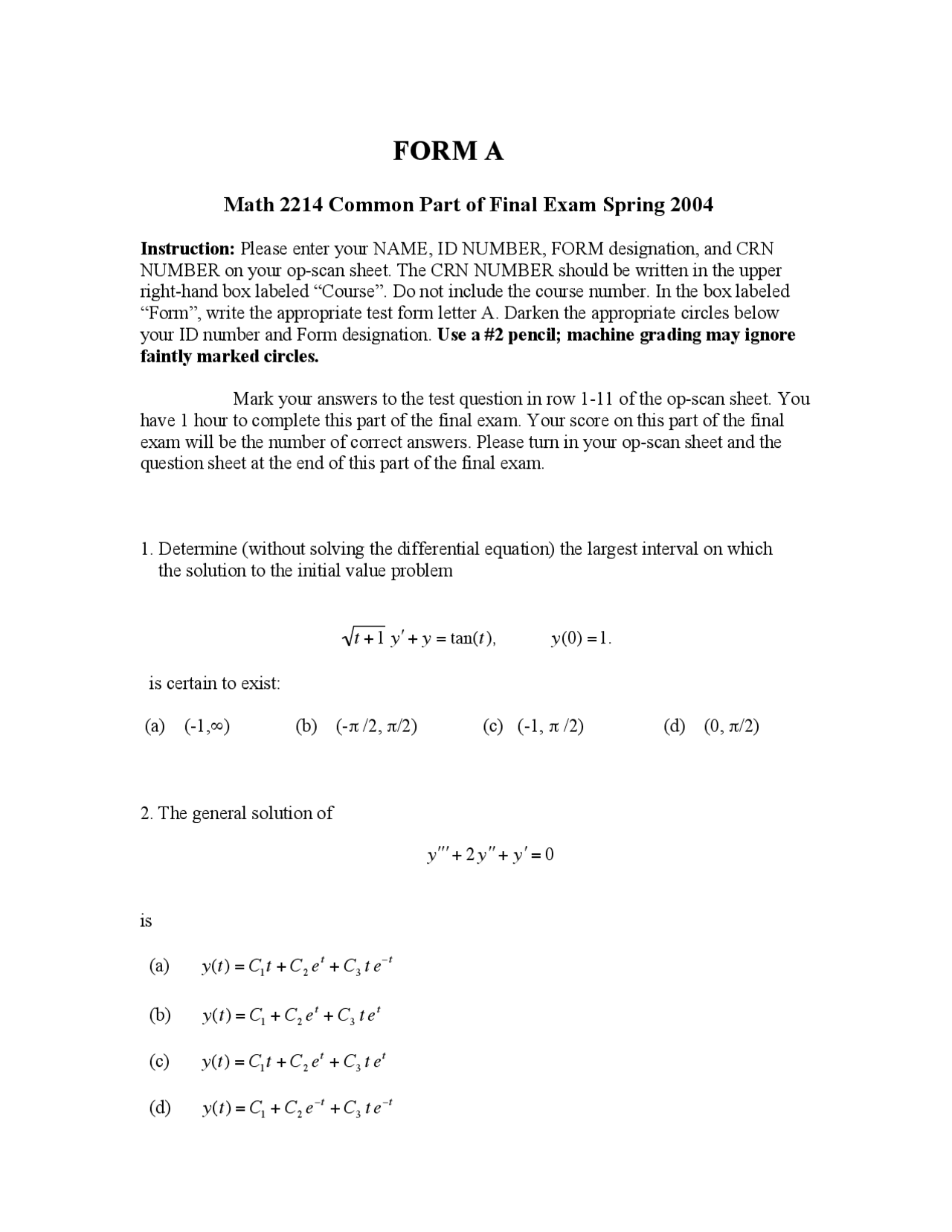 Largest Interval Introduction Differential Equations Exam Docsity