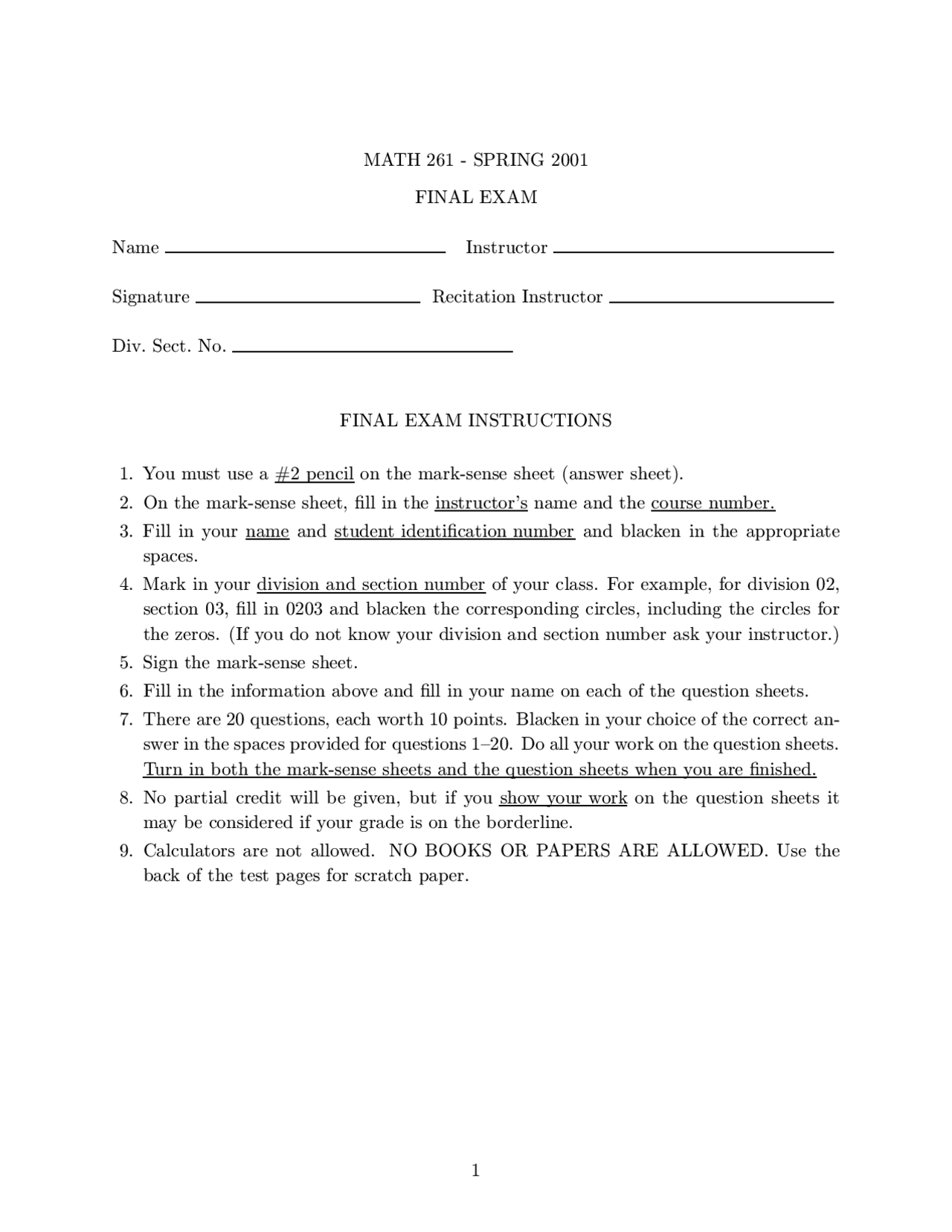 Parallel Multivariate Calculus Exam Docsity