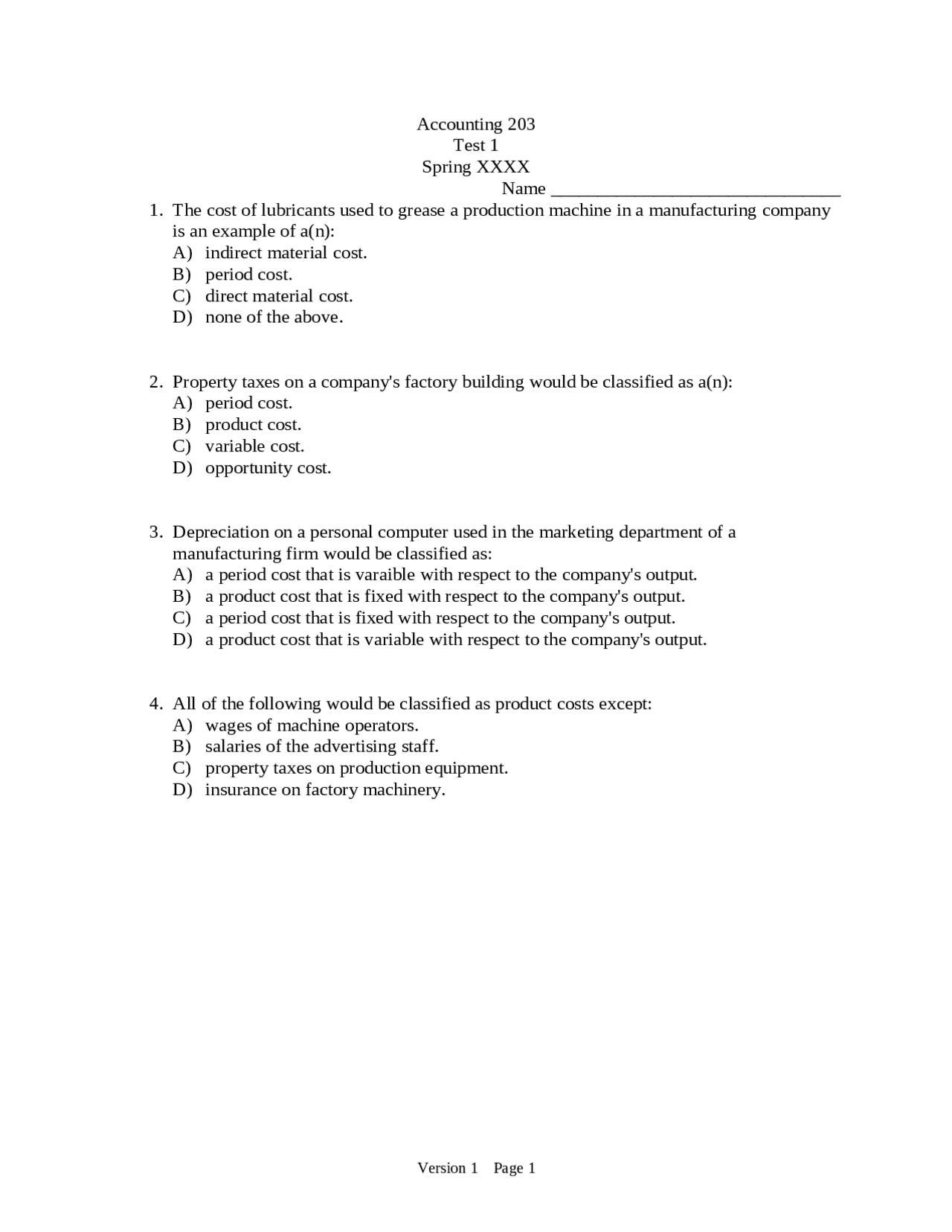 Solutions To Exam 1 Introduction To Managerial Accounting Acct 2101