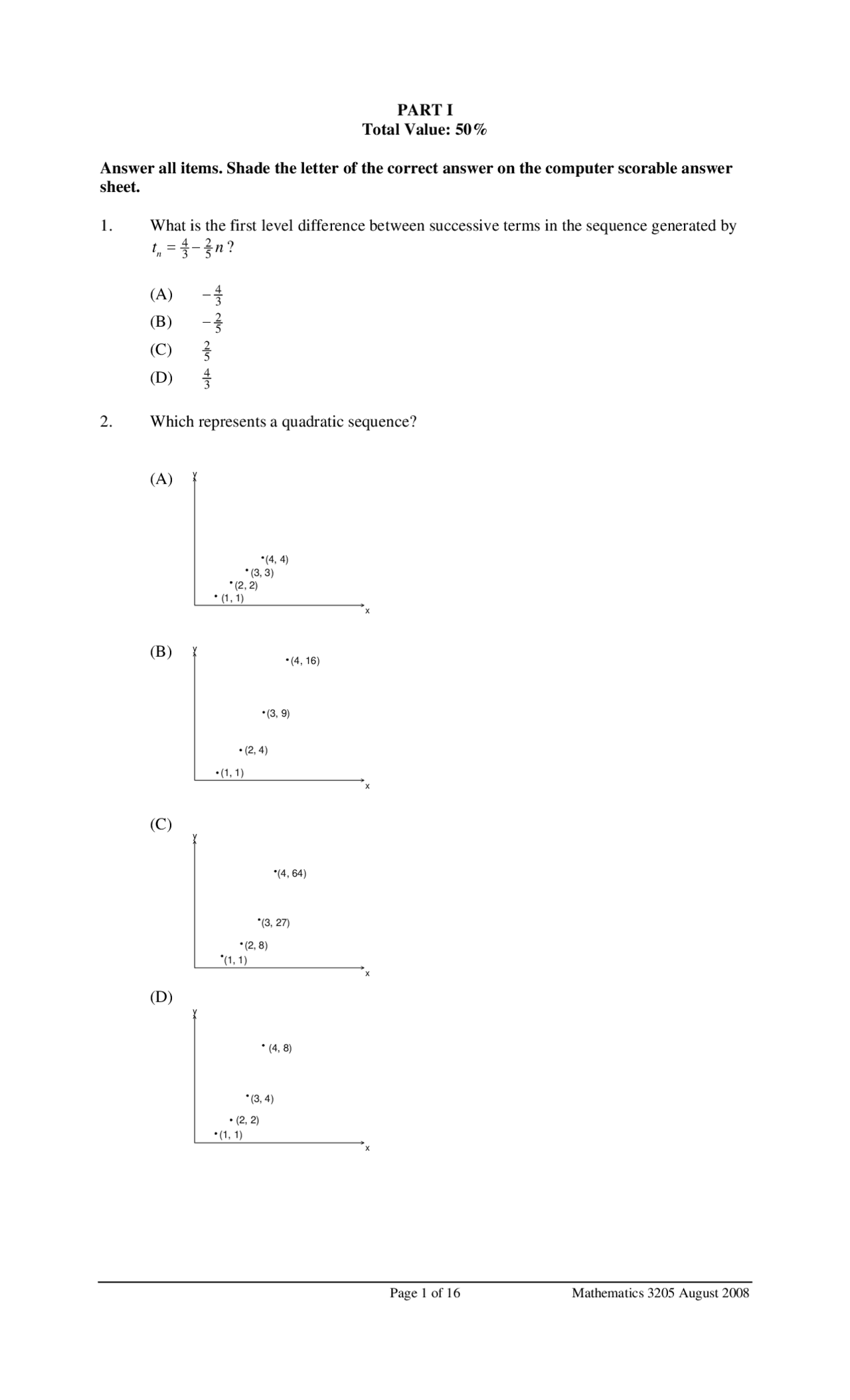 Quadratic Sequence Mathematics Public Examination Standards Exam