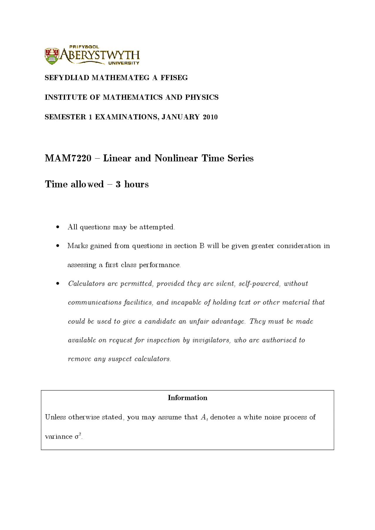 Time Series Linear And Nonlinear Time Series Exam Docsity