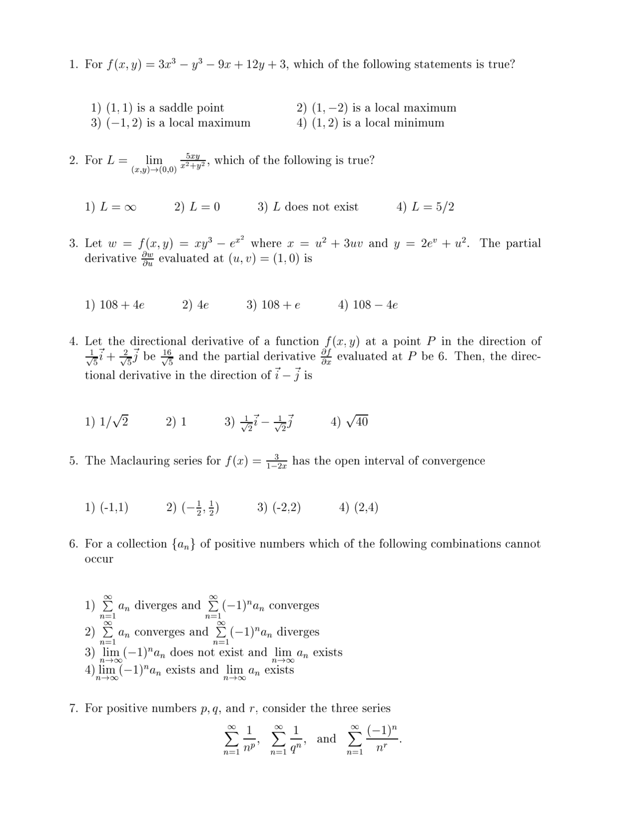 Local Maximum Multivariable Calculus Exam Docsity