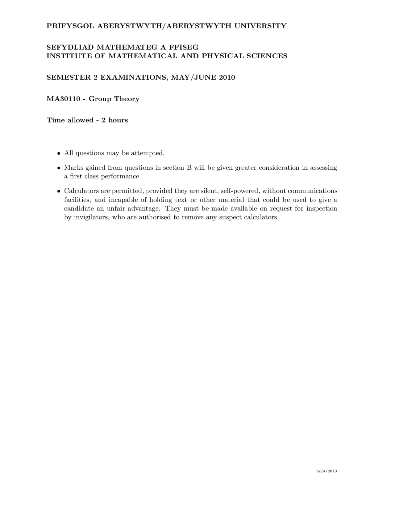 Transpositions Group Theory Exam Docsity