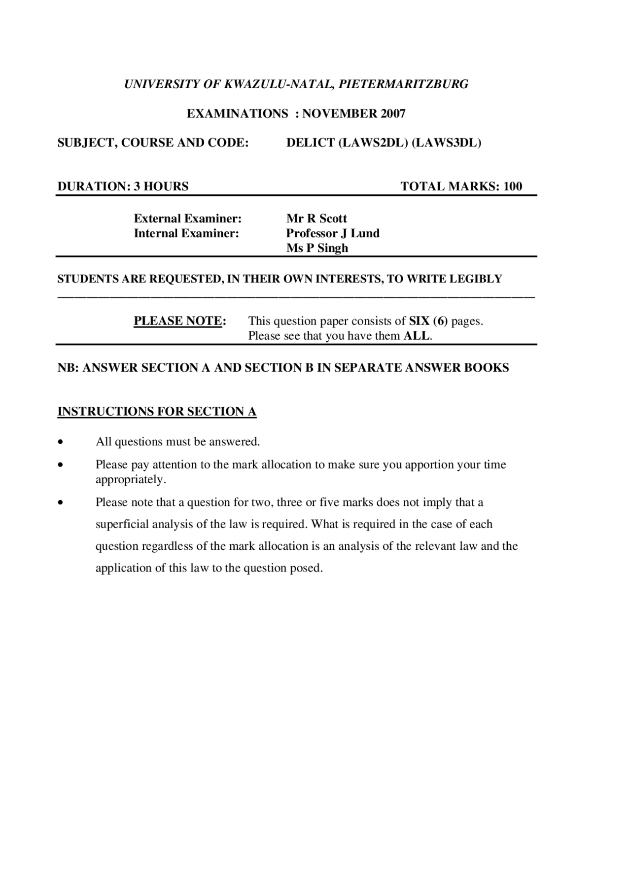 Attributable to Several Factors - Delict - Past Paper | Exams Law | Docsity