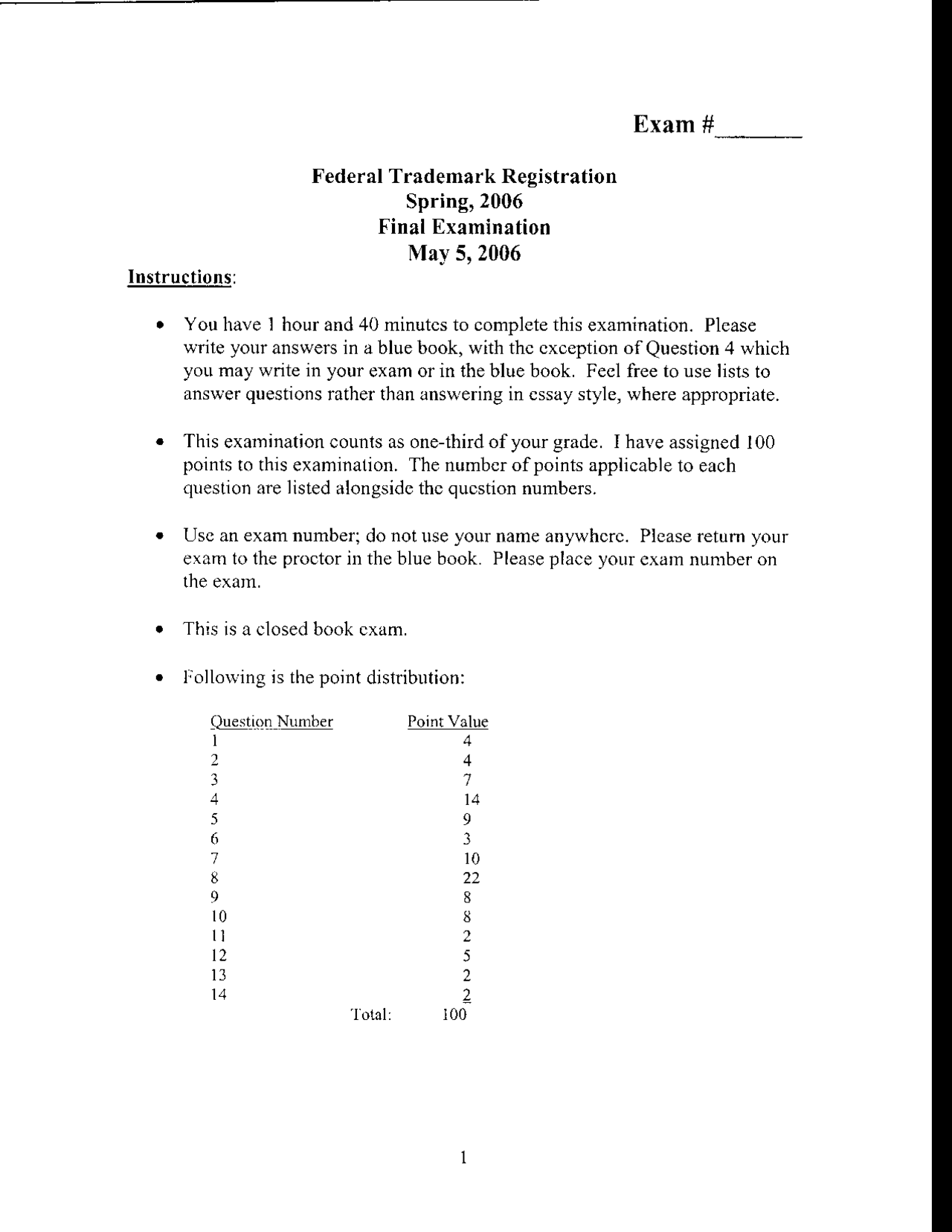 Federal Trademark Examination: Spring 2006 | Exams Law | Docsity