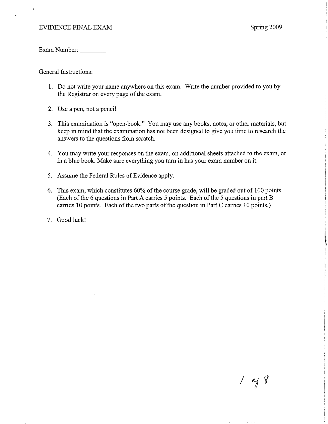 Confrontation Clause Grounds - Evidence - Past Exam - Docsity