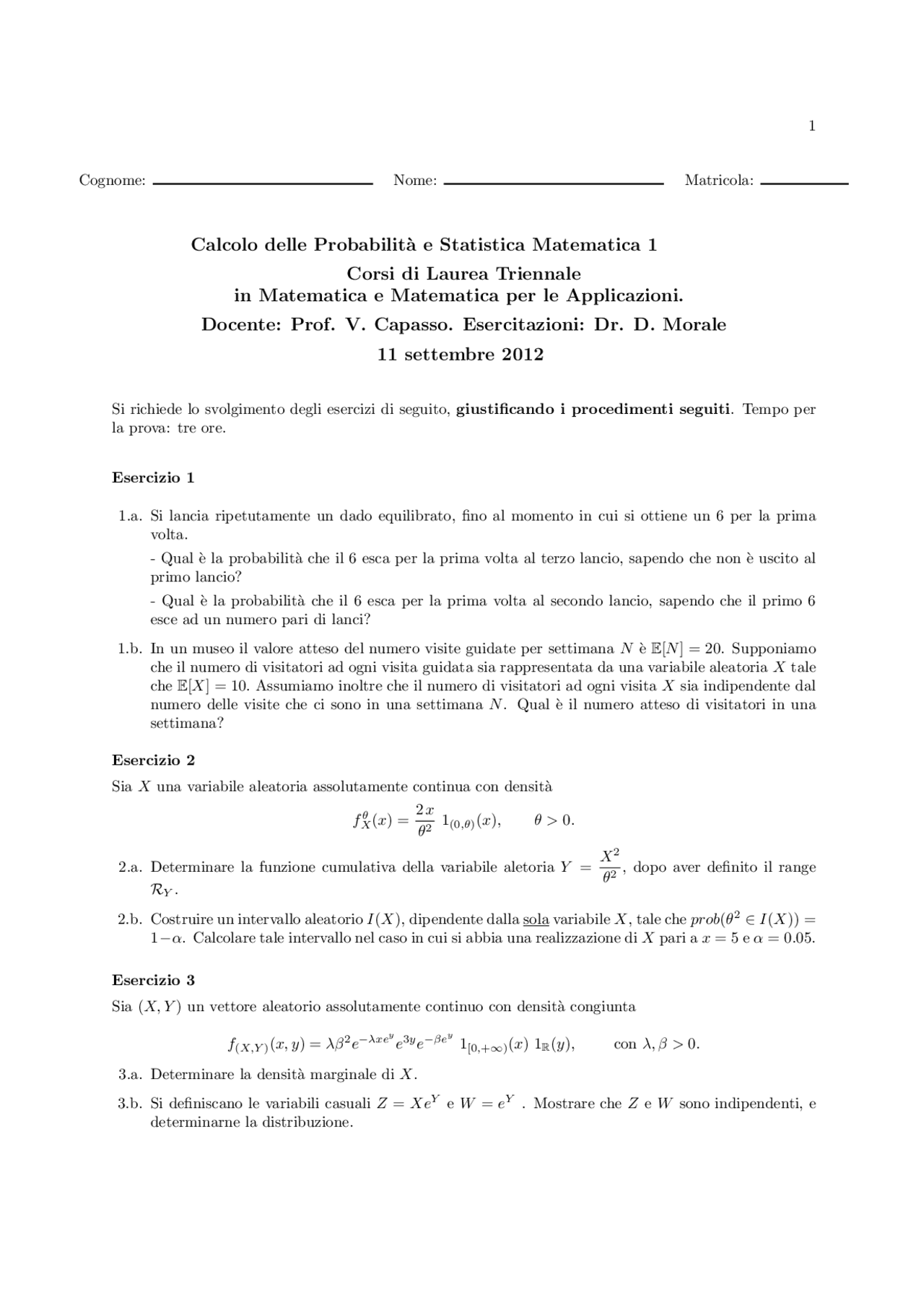 Probabilità e Statistica matematica - esame - Docsity