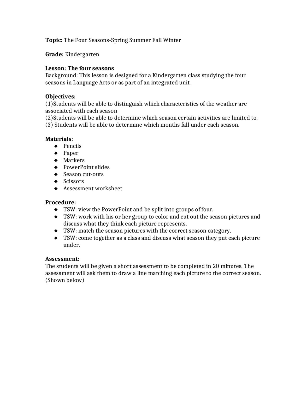 Lesson Plan of Four Seasons - Classroom Assessment | ELED 4050 - Docsity