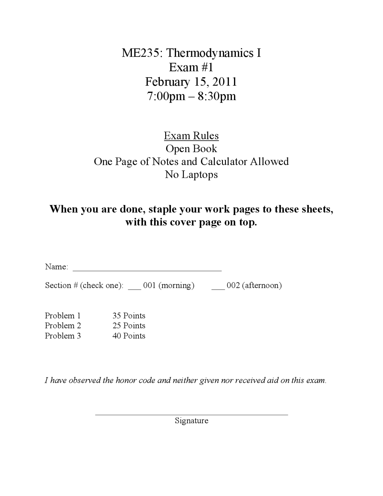 Exam 1 With Problem Solution Thermodynamics I Mecheng 235 Docsity