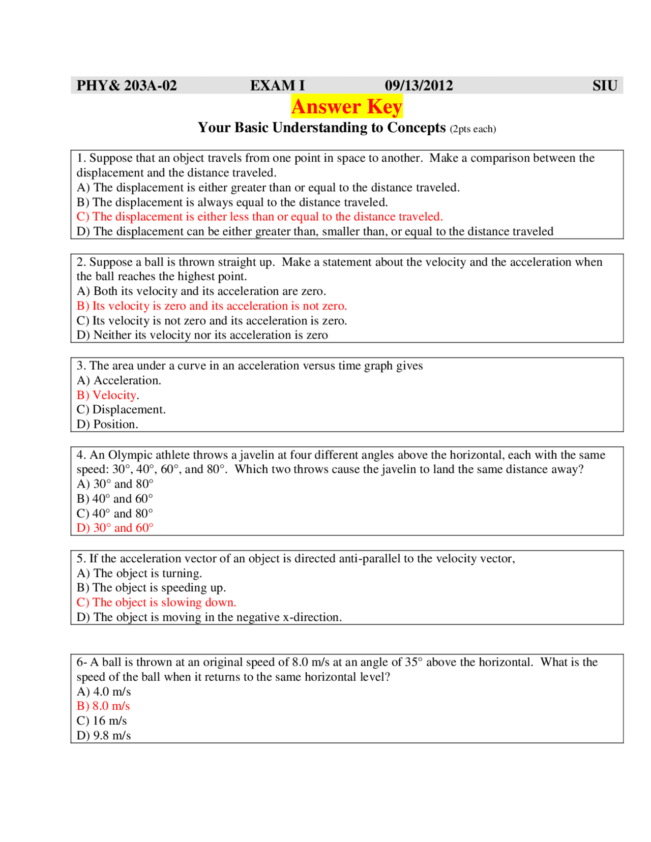 Exam 1 with Answer Key - College Physics | PHYS 203A - Docsity