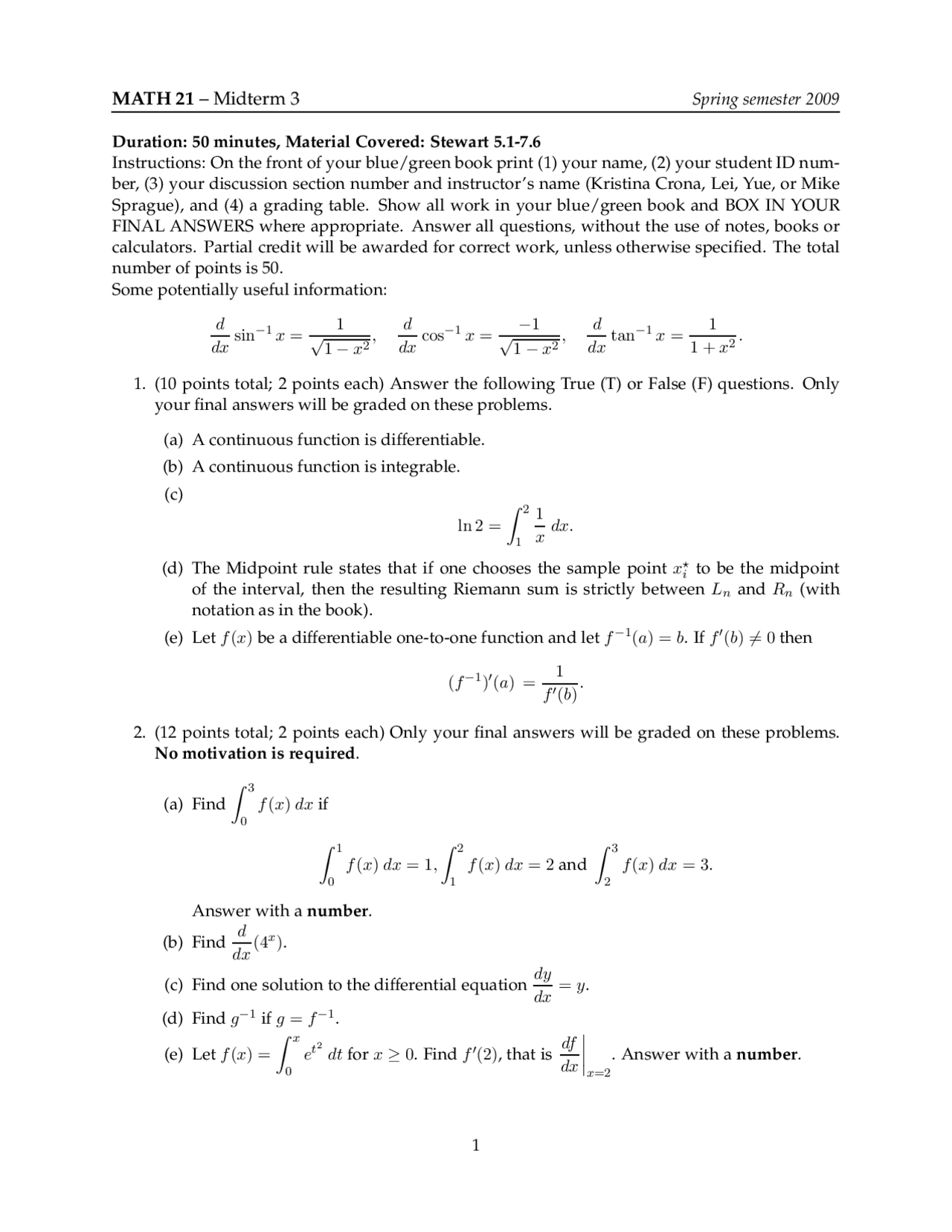 Continuous Function Calculus Of A Single Variable One Exam Docsity
