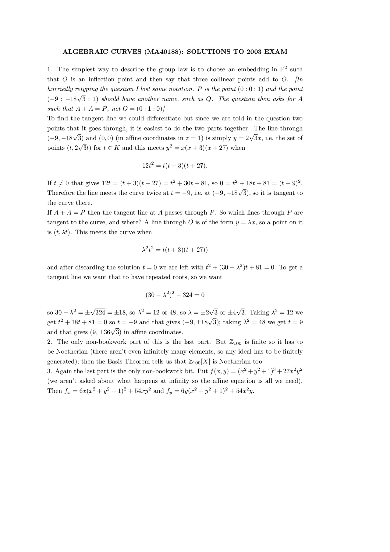 Smooth Plane Cubic - Algebraic Curves - Solved Exam - Docsity