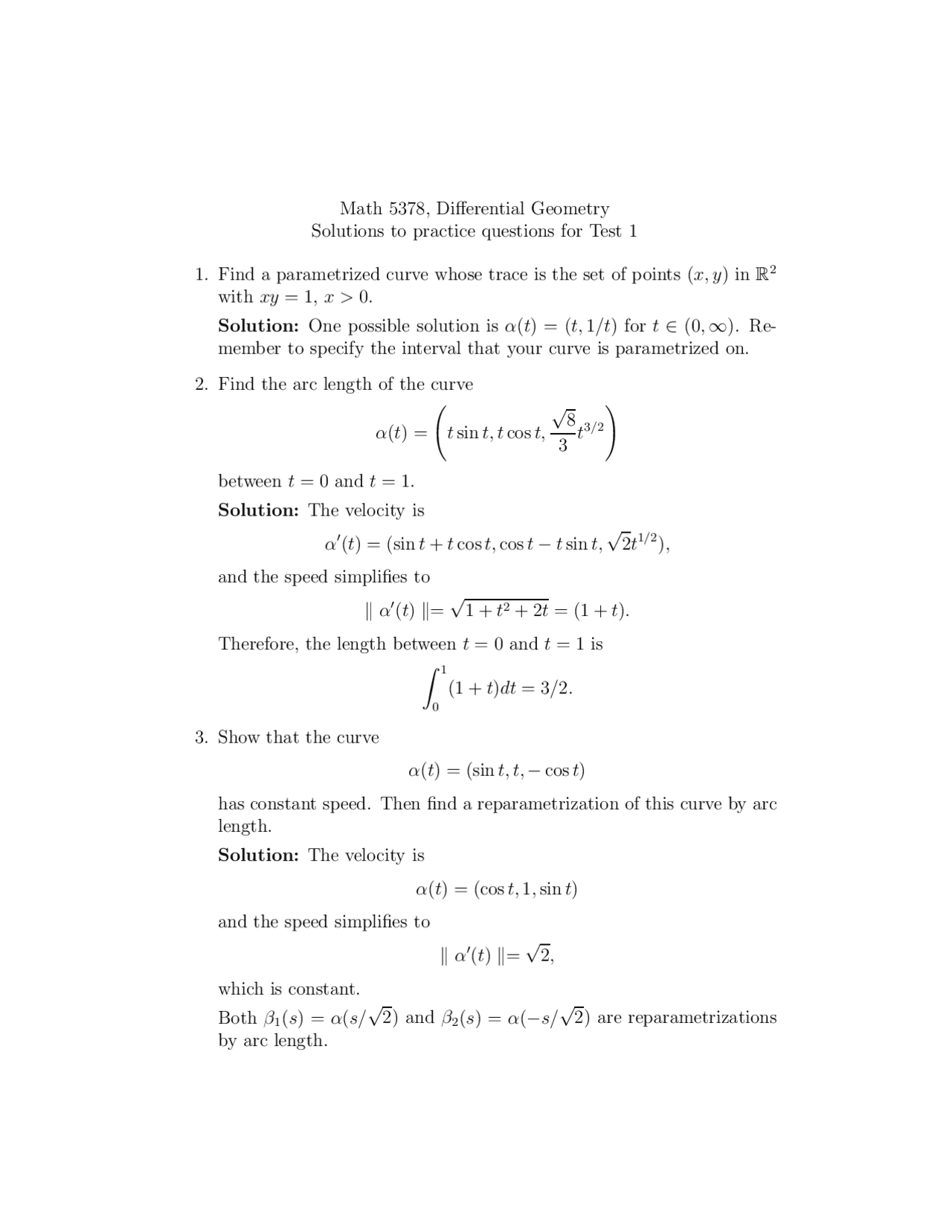 Parametrized Curve Differential Geometry Solved Exam Docsity