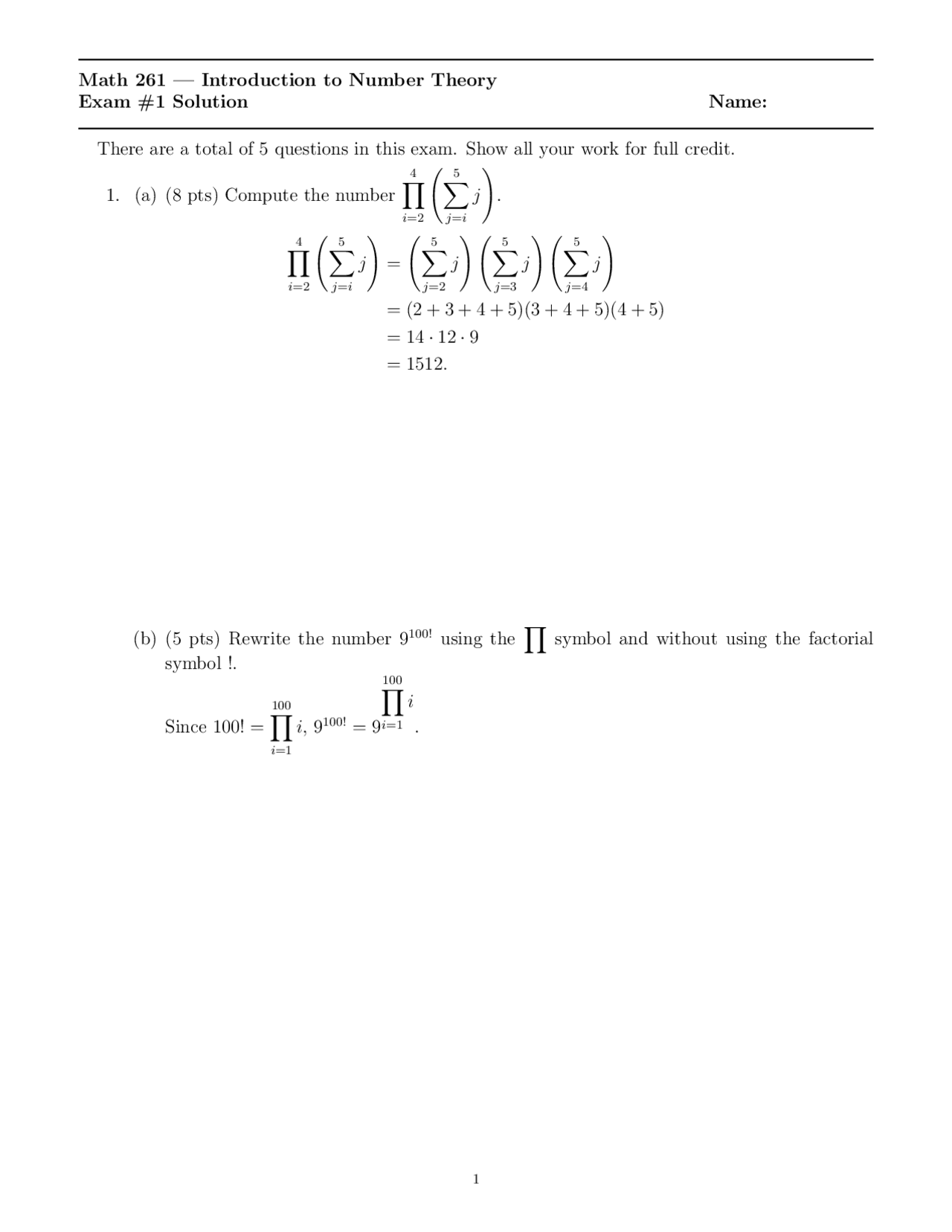 Factorial Symbol Number Theory Solved Exam Docsity