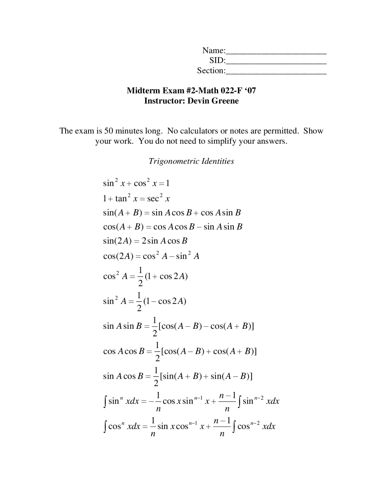 Trigonometric Identities - Calculus of a Single Variable Two - Exam - Docsity