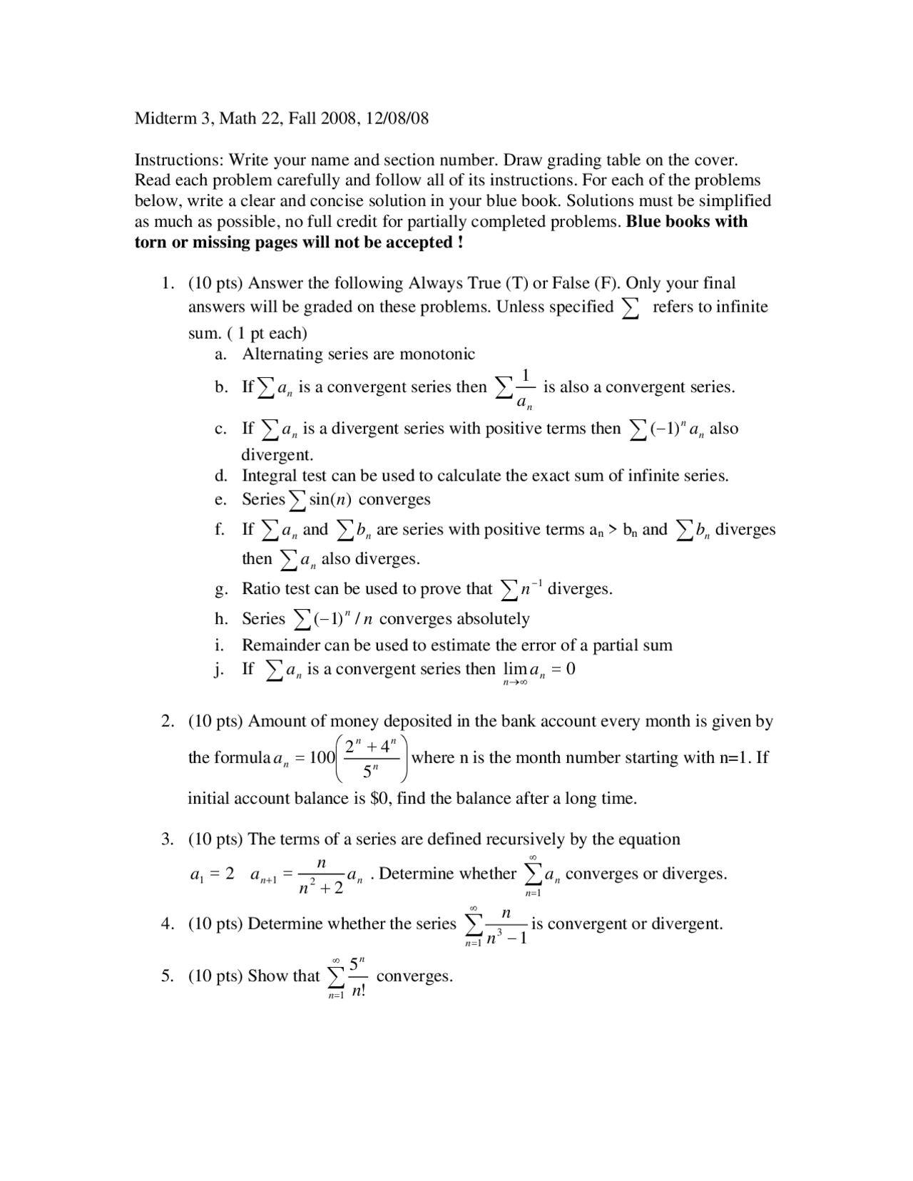 Midterm 3, Math 22, Fall 2008: Mathematics Problems | Exams Calculus ...