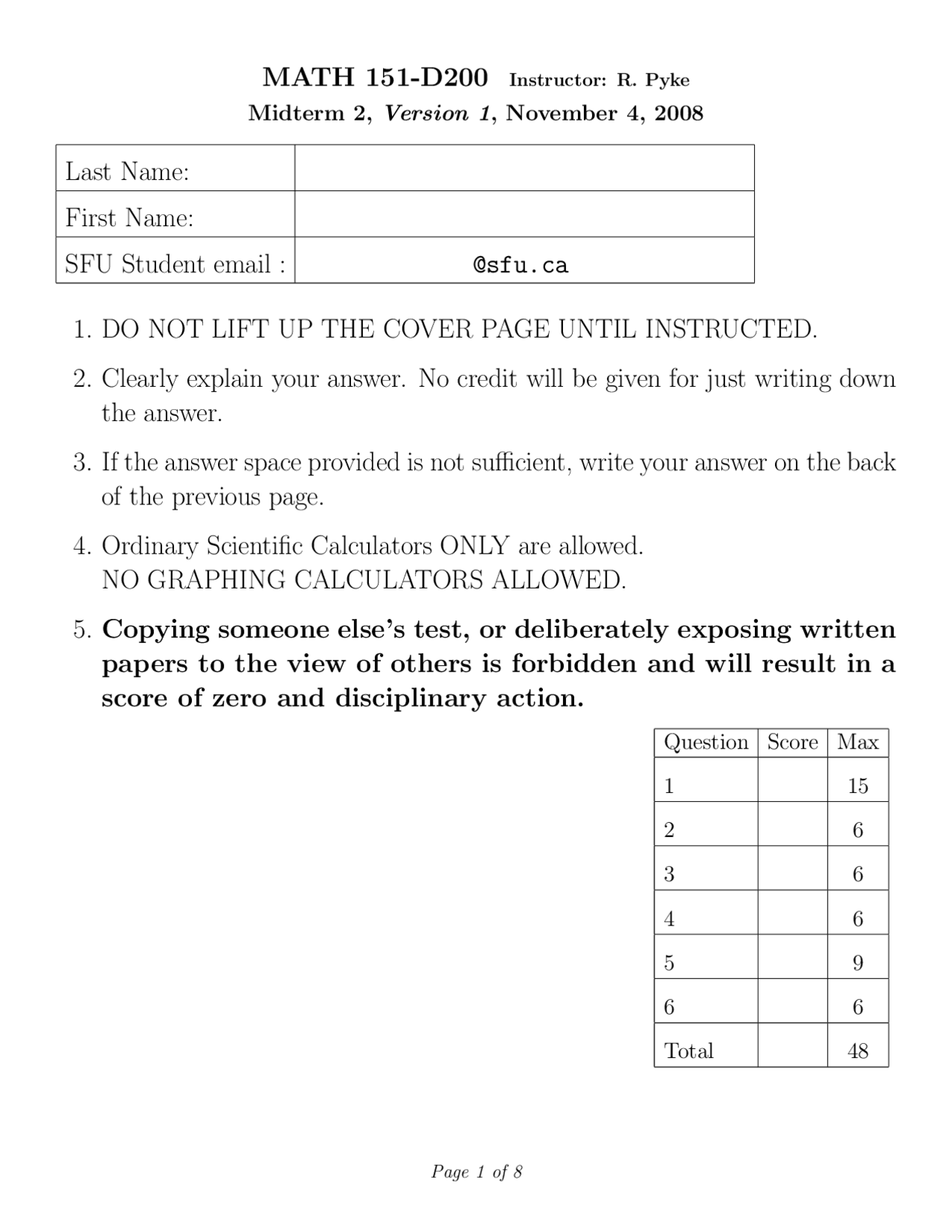 Disciplinary Action Calculus Exam Docsity