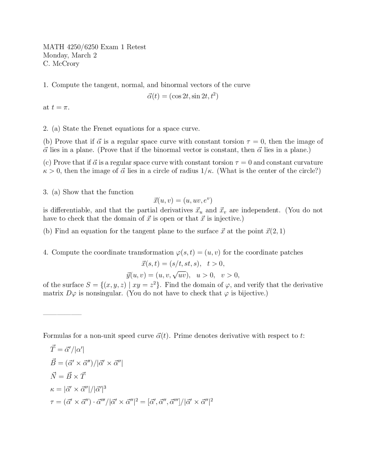 Tangent Differential Geometry Exam Docsity
