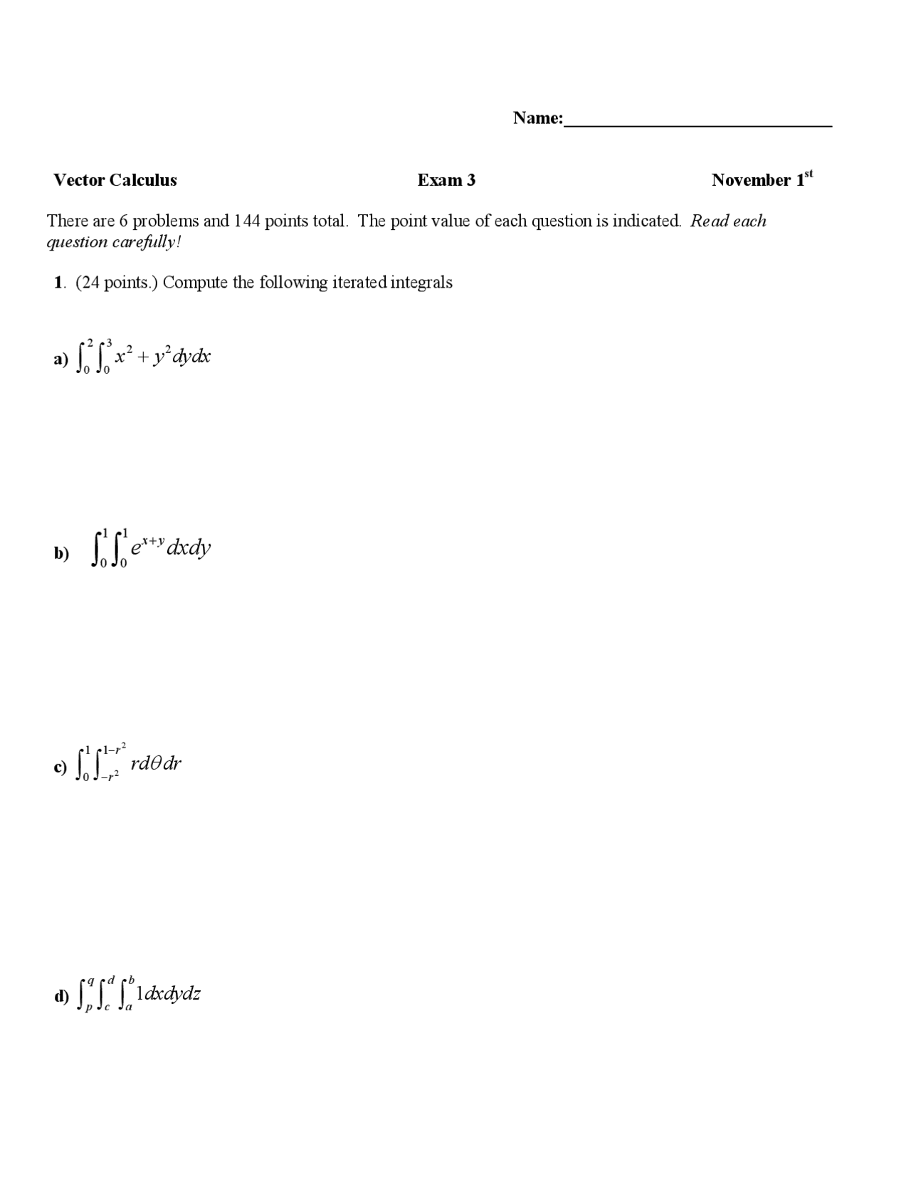 Iterated Integrals Vector Calculus Exam Docsity