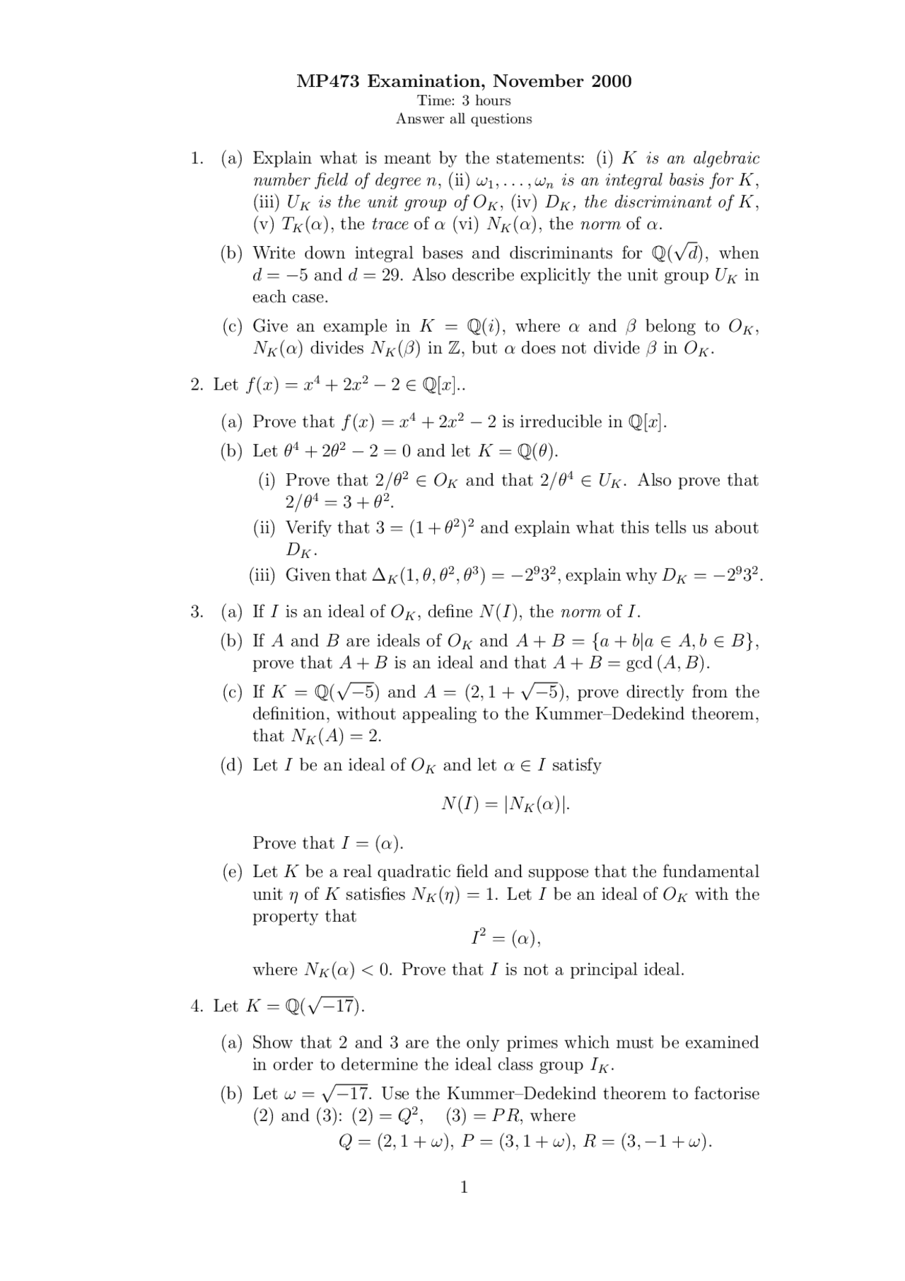 Statements Number Theory Exam Docsity