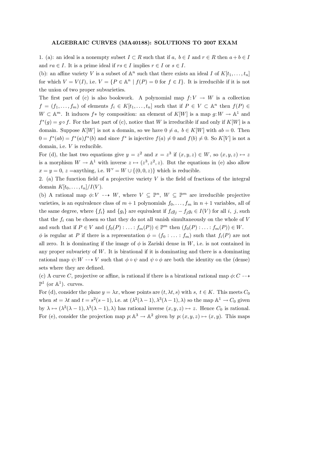 Commutative Ring - Algebraic Curves - Solved Exam | Exams Algebra | Docsity