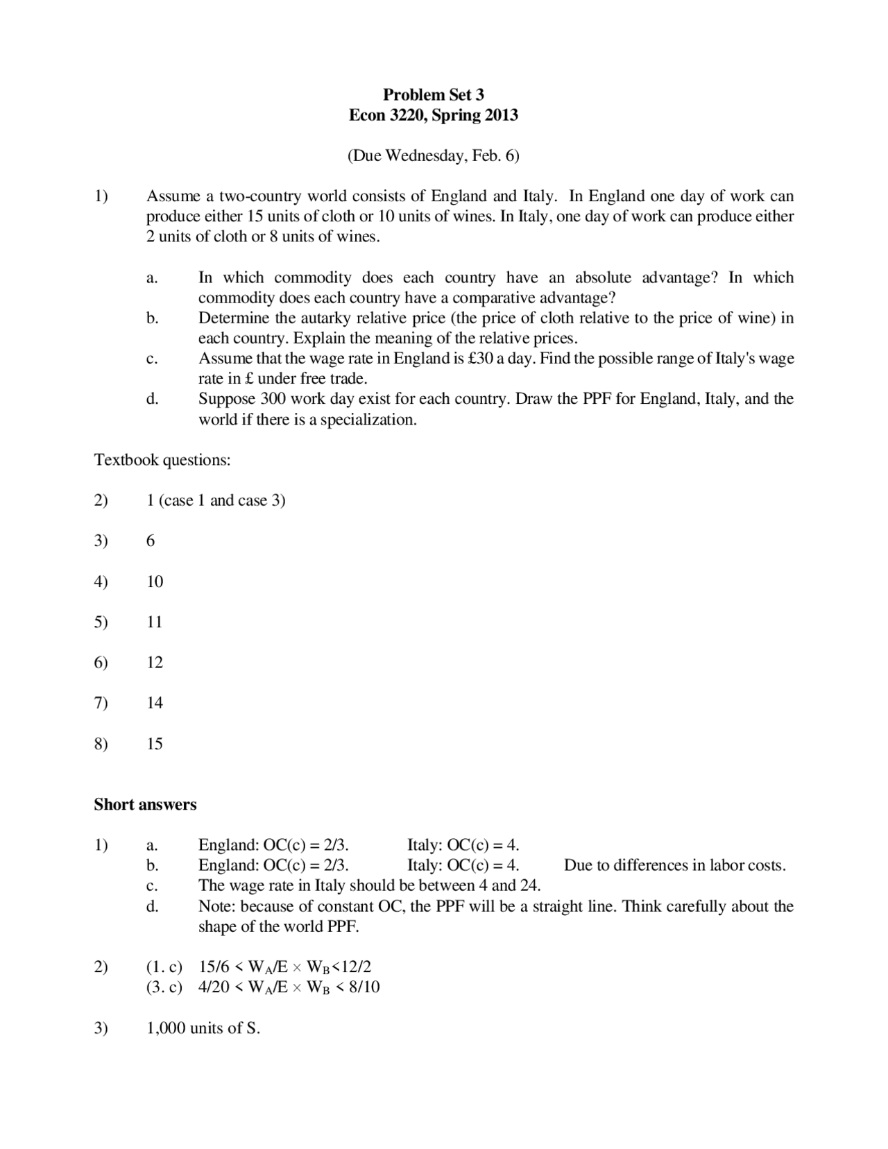 Assignment 3 for International Trade | ECON 3220 - Docsity