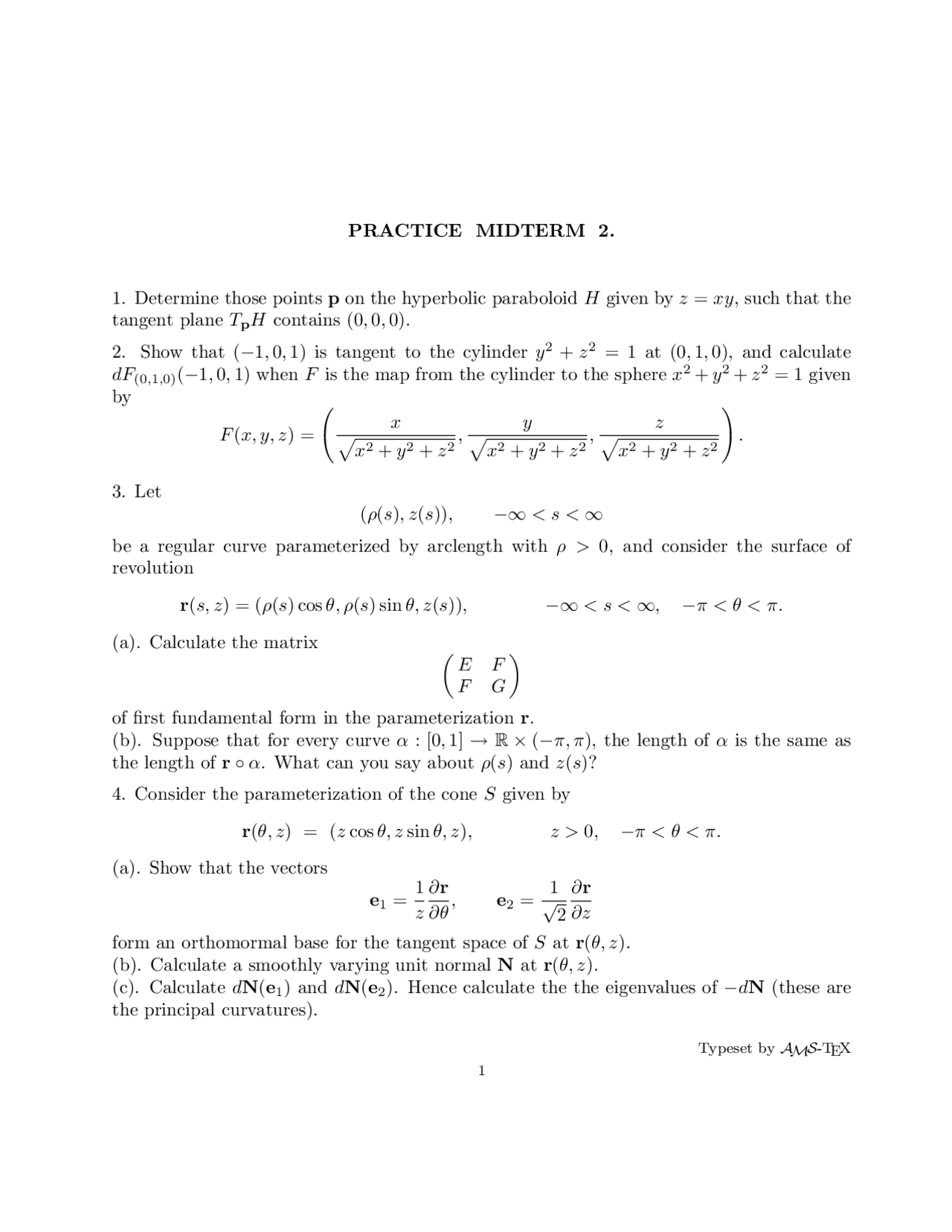 Hyperbolic Paraboloid Differential Geometry Exam Docsity