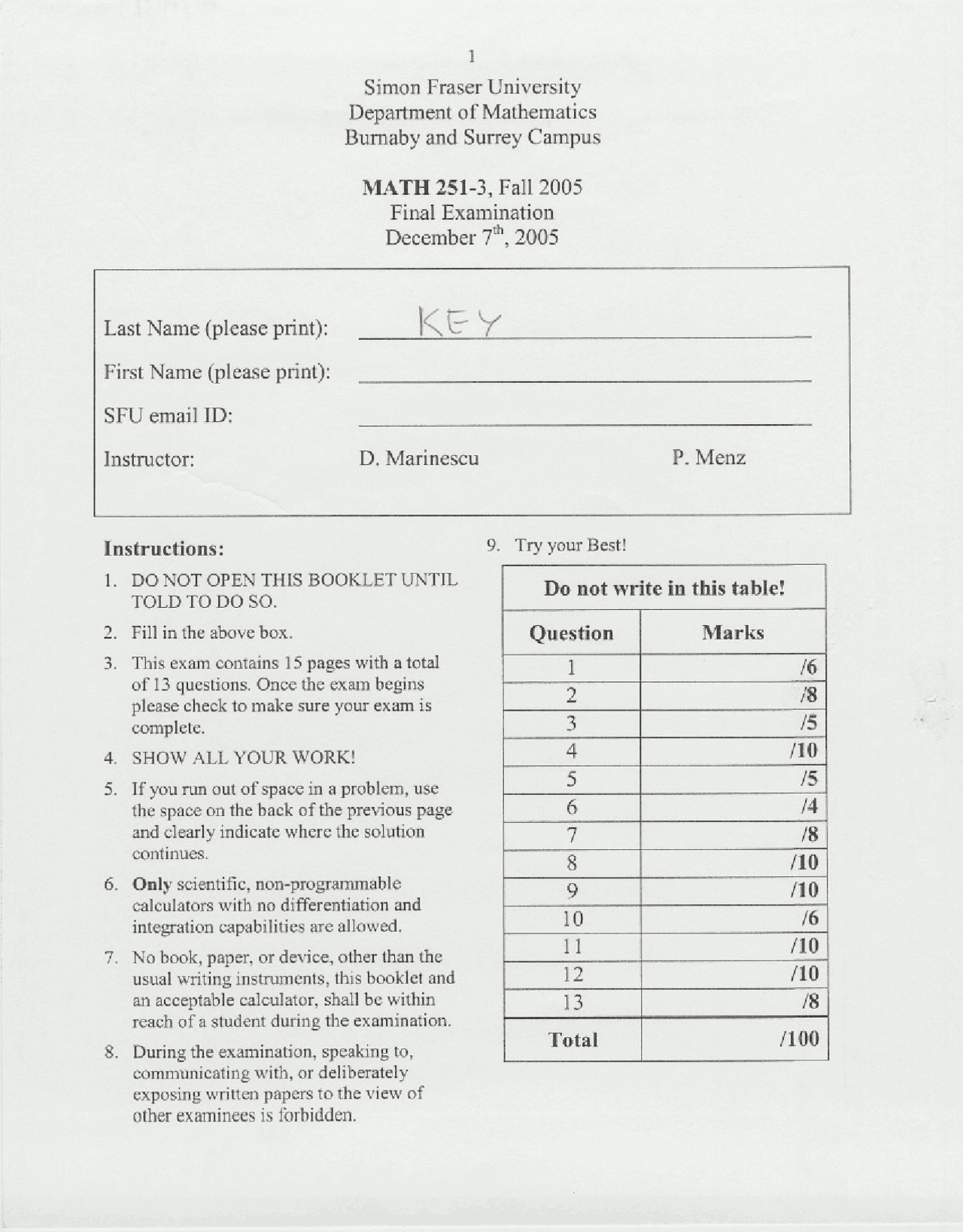 Plane Calculus Exam Key Docsity