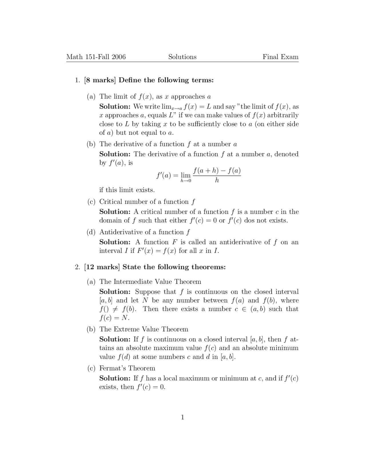 Approaches Calculus Exam Key Exams Calculus Docsity