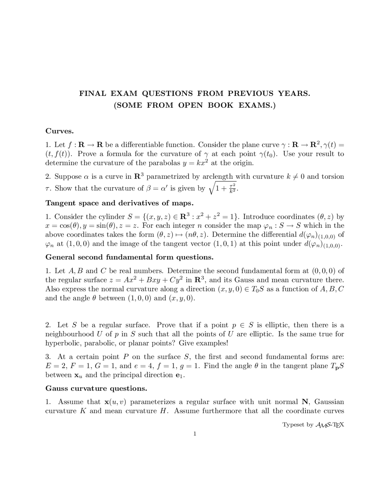 Differentiable Function Differential Geometry Exam Docsity